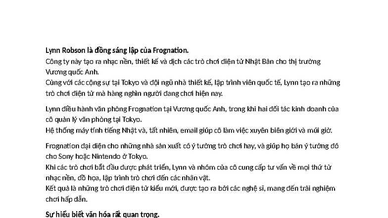 BTVN - Lynn Robson và Frognation: Đổi mới trong Ngành Game - Studocu