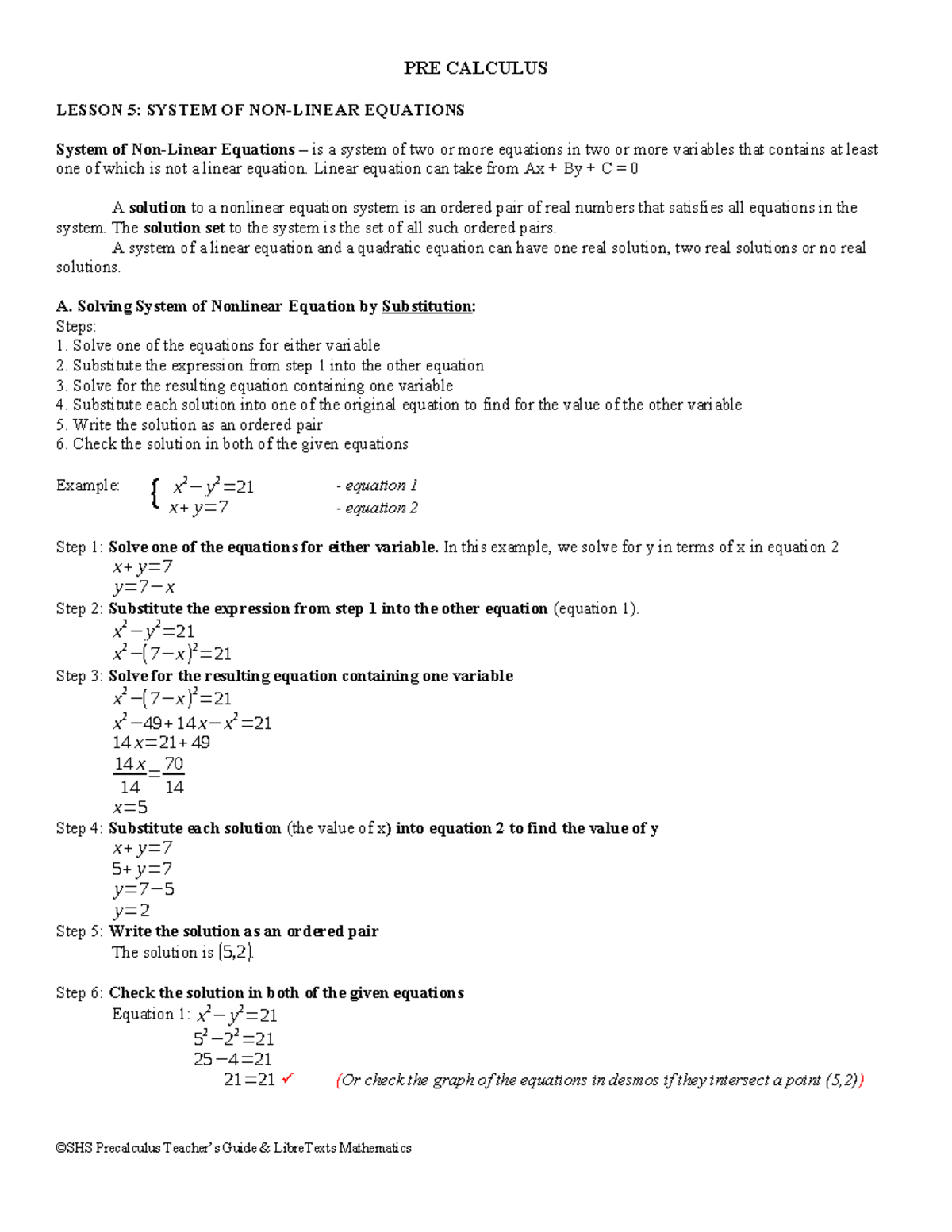 Precalculus Lesson 5: Solving Nonlinear Equations Systems - Studocu