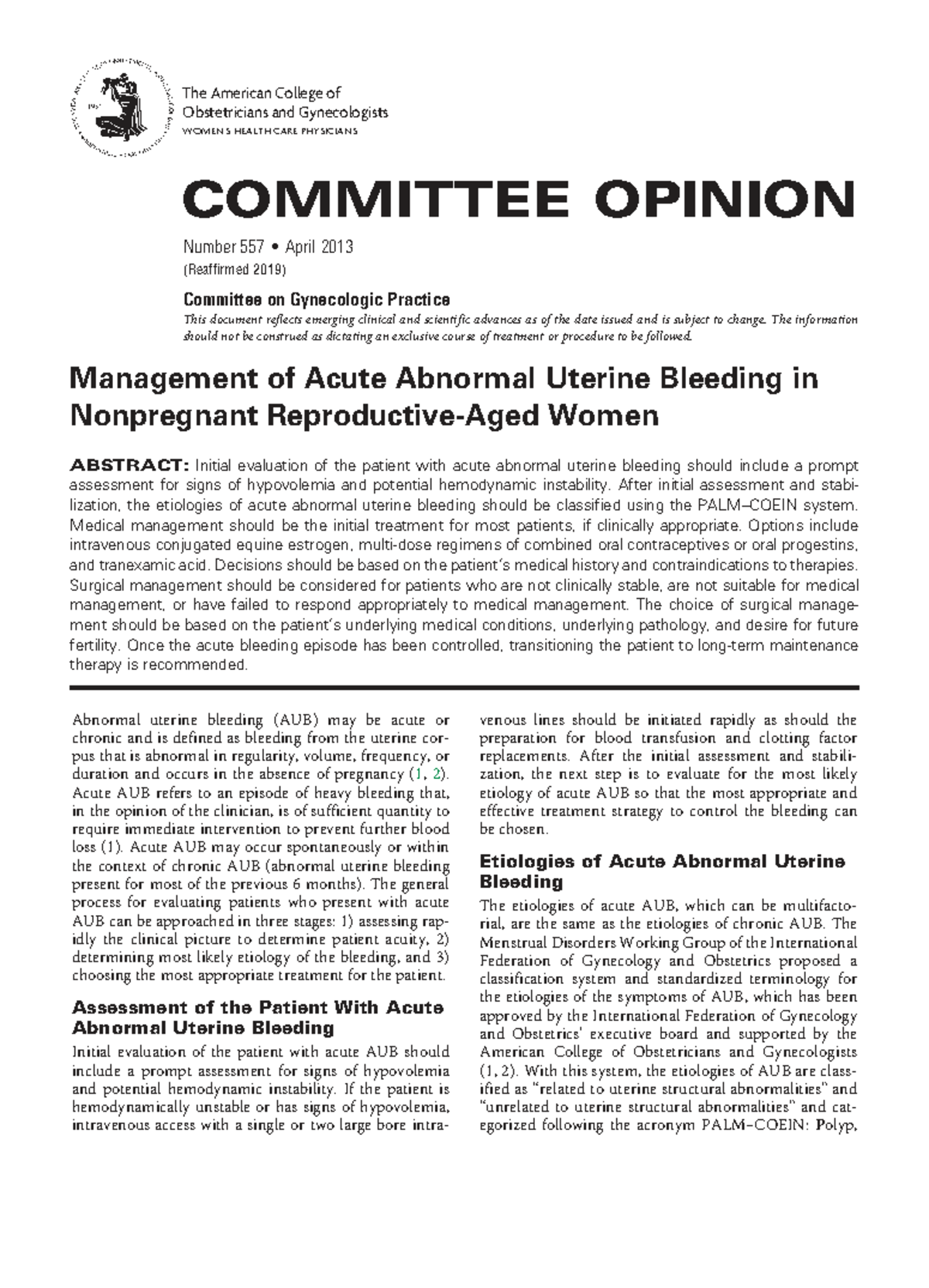 Management of Acute Abnormal Uterine Bleeding in Nonpregnant Women ...