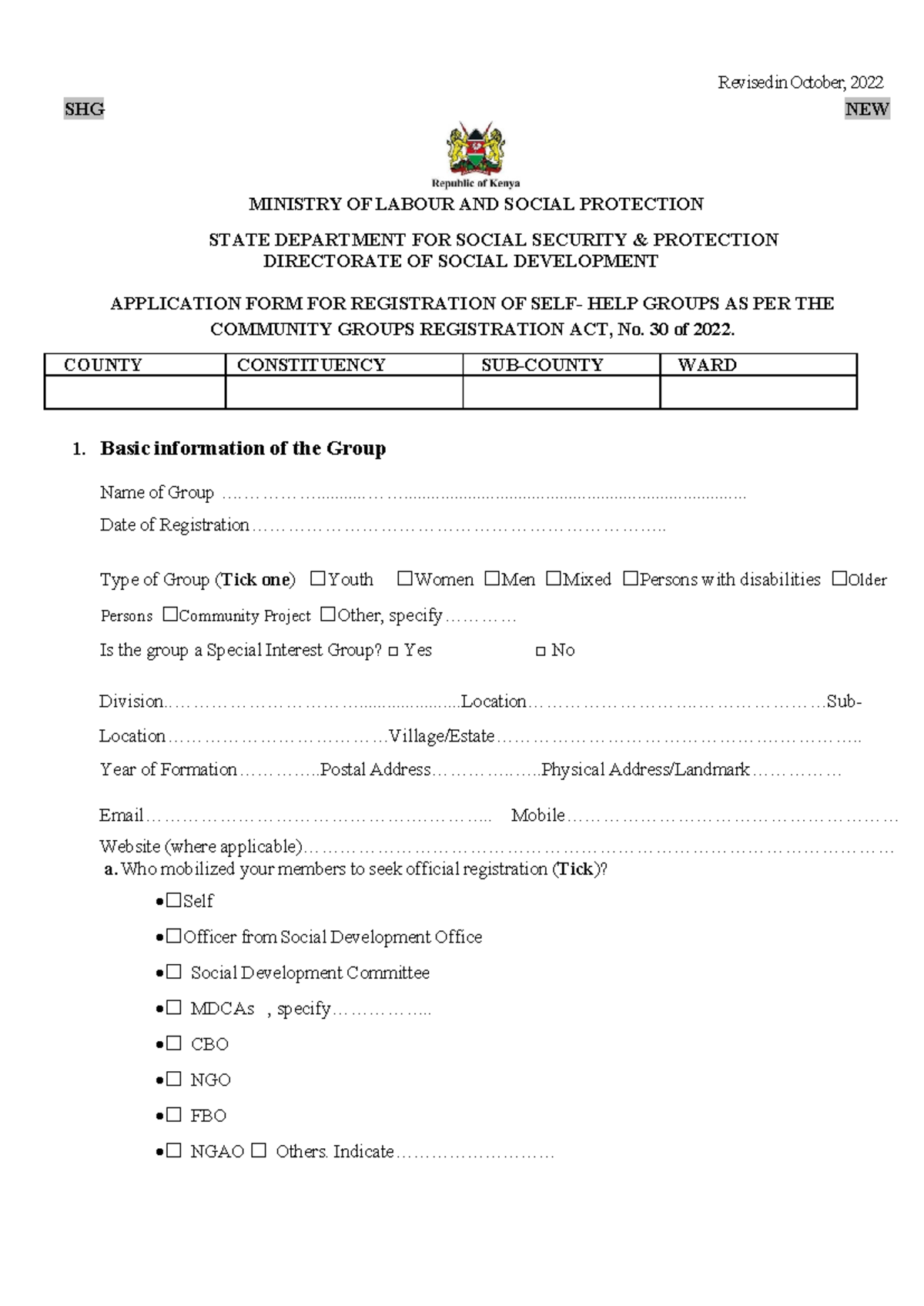 Self-Help Group Registration Form 2022 - Ministry of Labour & Social ...