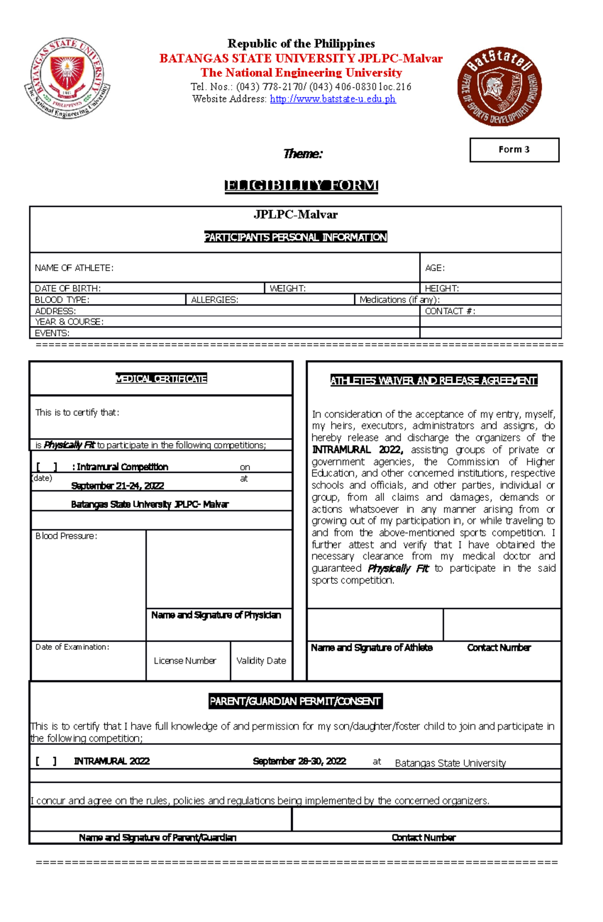 Waiver-FOR- Intrams - Republic of the Philippines BATANGAS STATE ...