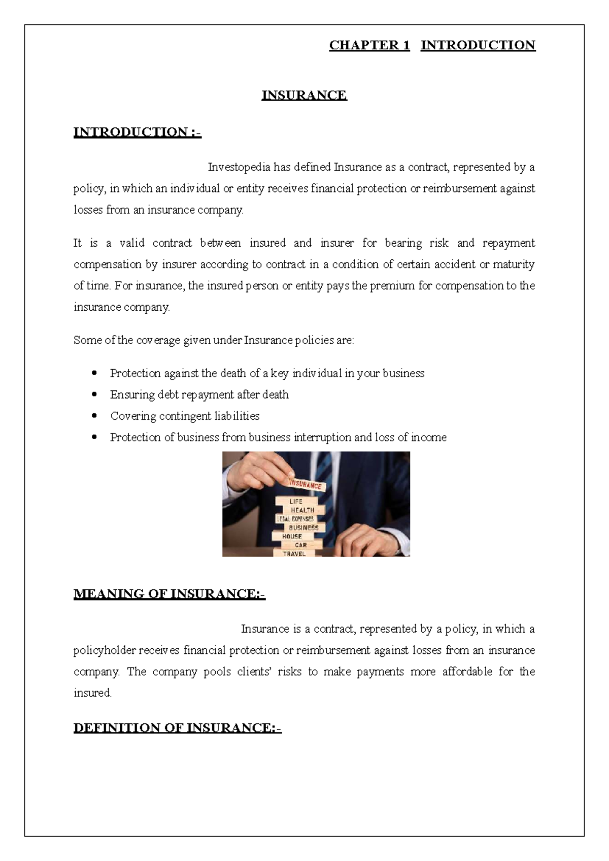 CHAPTER 1: INTRODUCTION TO INSURANCE AND ITS IMPORTANCE - Studocu