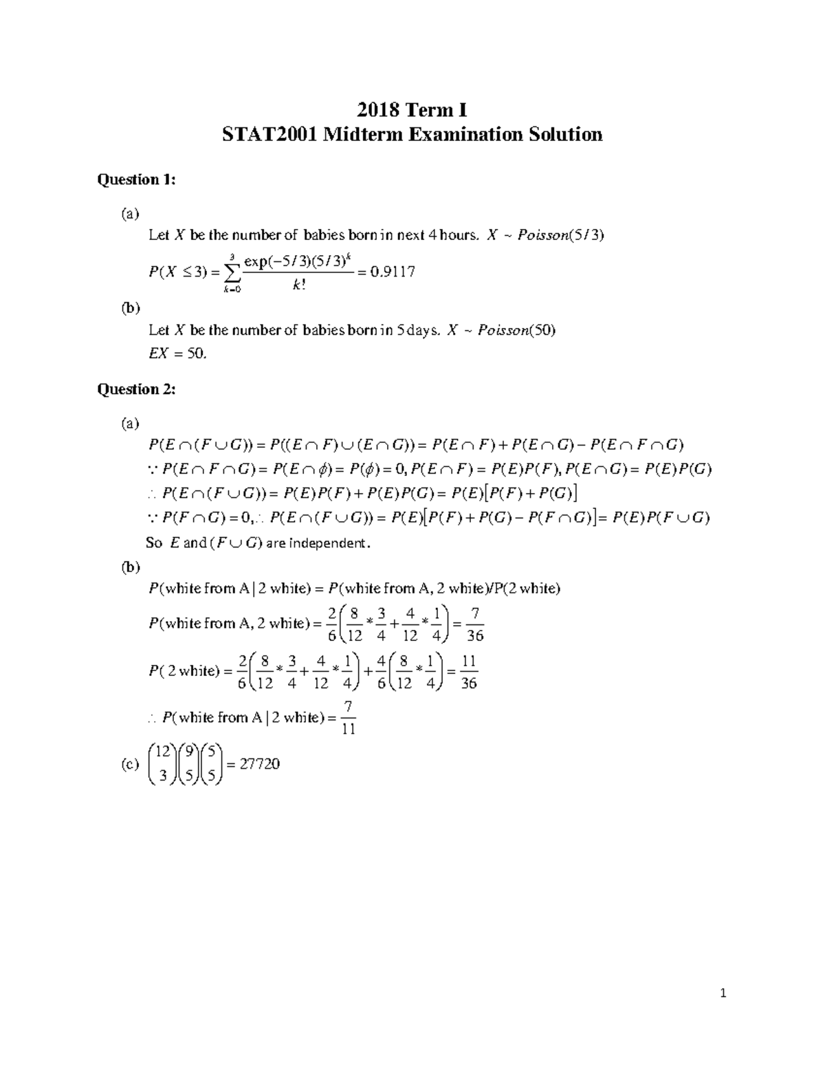 STAT2001 Midterm Exam Solutions - 2018 Term I - Studocu
