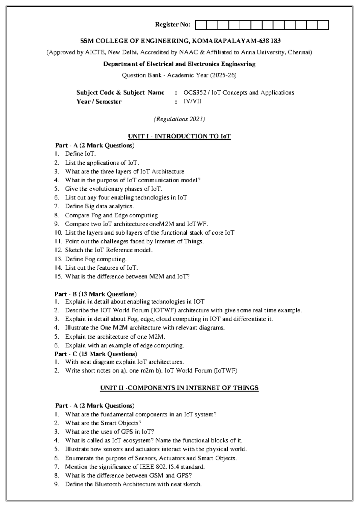 OCS352 - IoT Concepts & Applications: Important Questions & Answers - Studocu