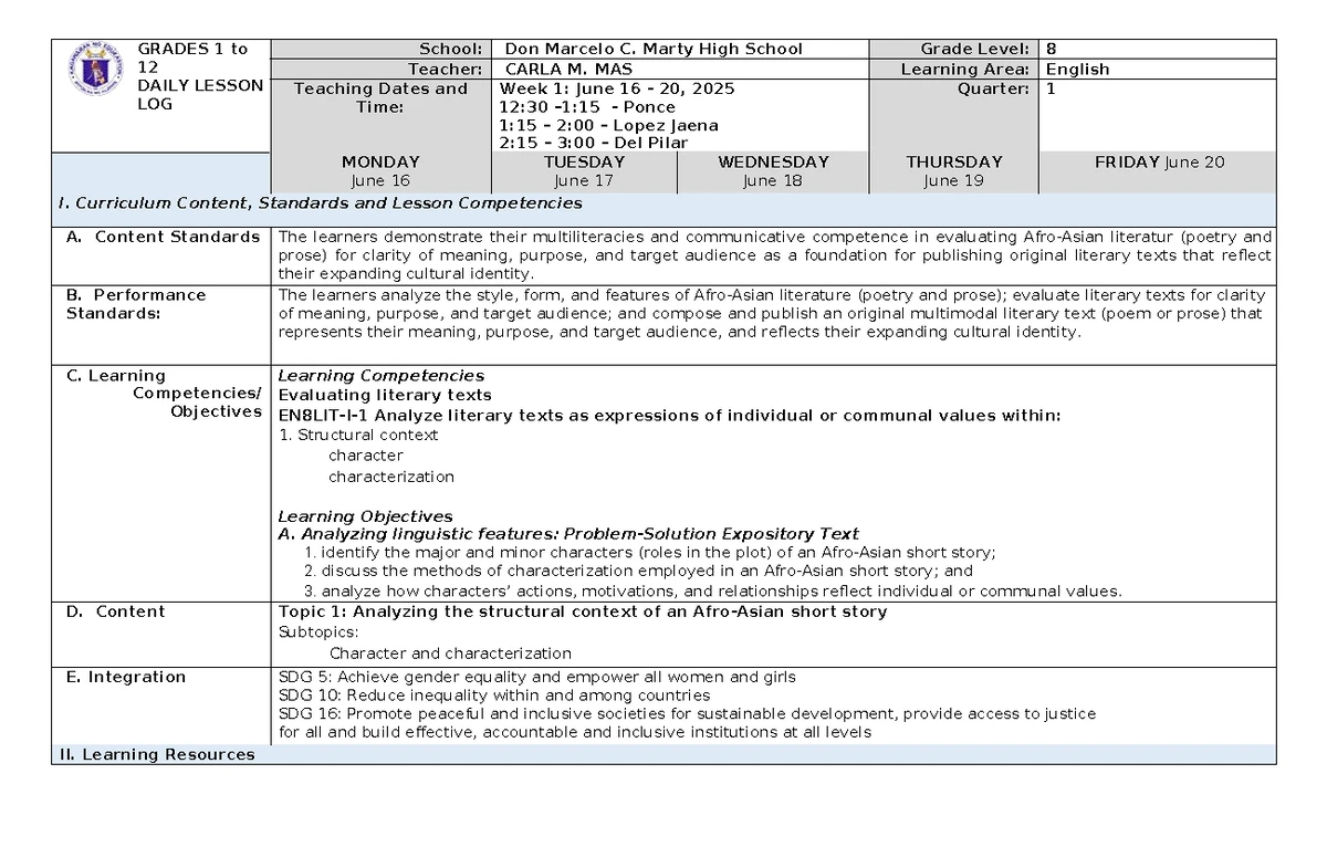 ENG8 Q1, WEEK 3 - Daily Lesson Log for English Class - Studocu
