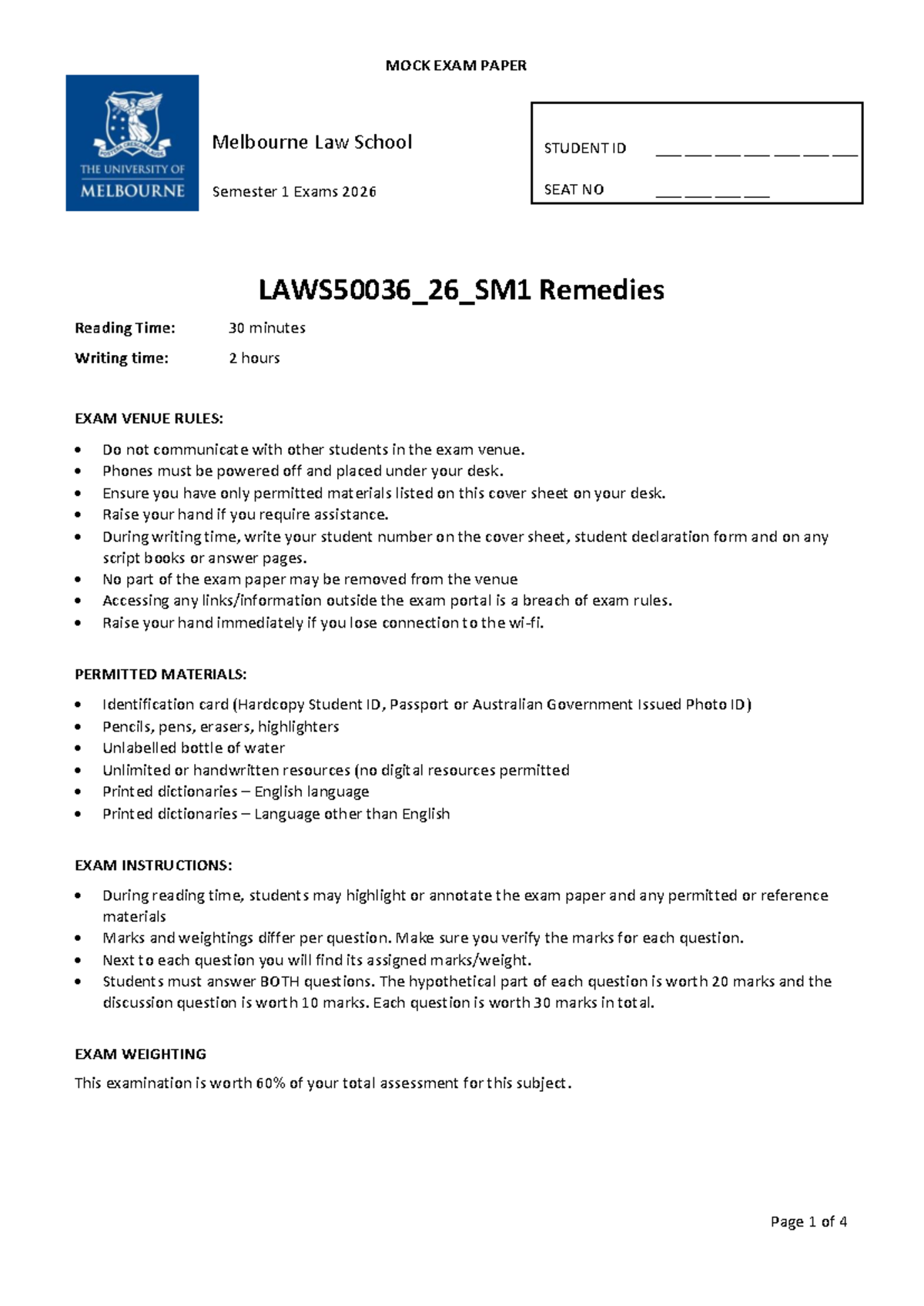 MOCK EXAM PAPER LAWS50036_26_SM1: JD Remedies Semester 1 2026 - Studocu