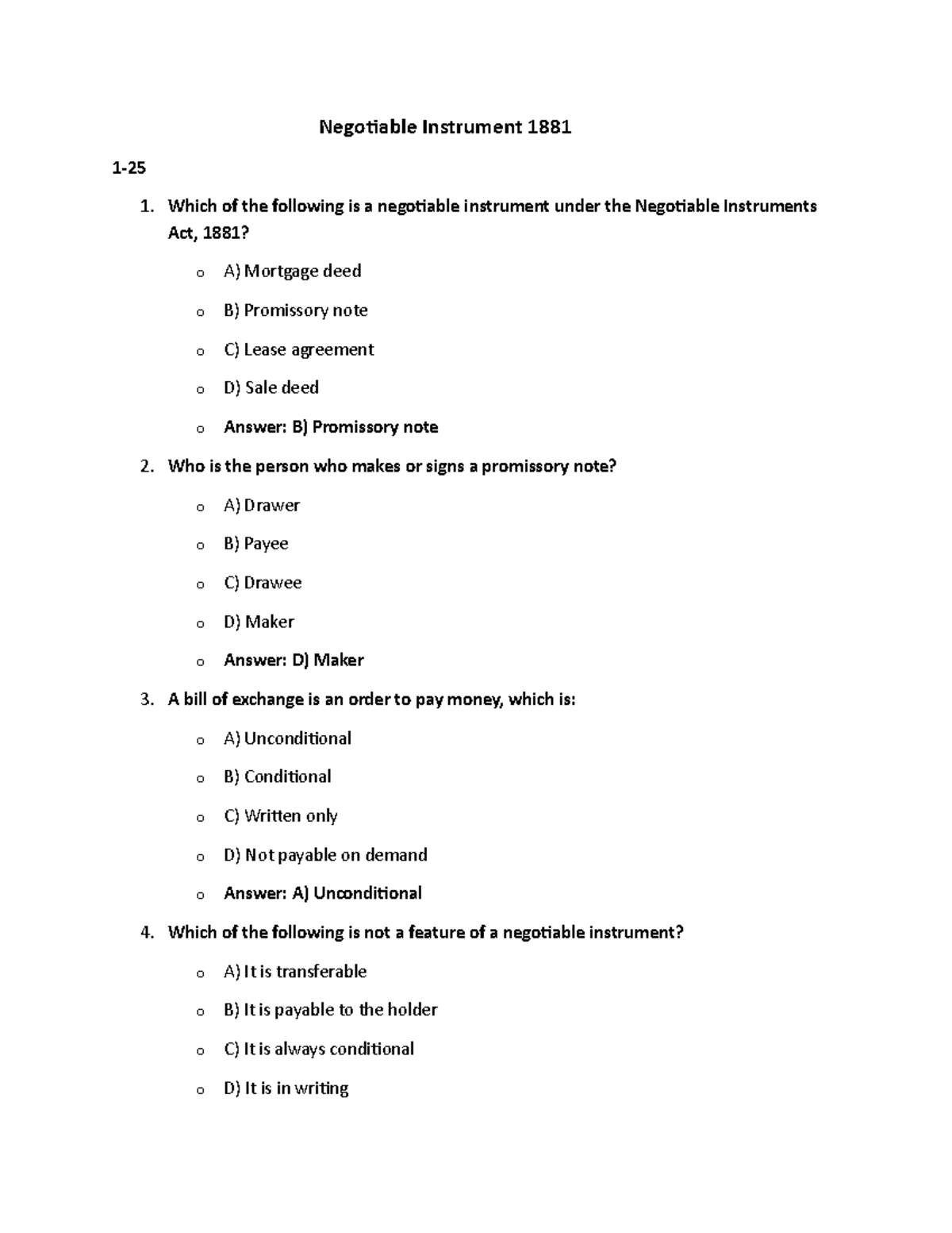 Negotiable Instruments Act, 1881: Key MCQs and Insights - Studocu