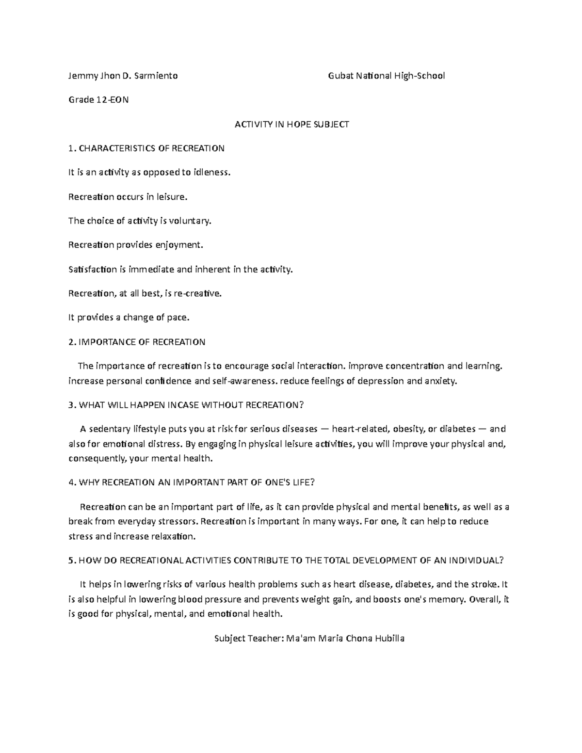 Grade 12 EON HOPE Subject Activity: Importance of Recreation - Studocu