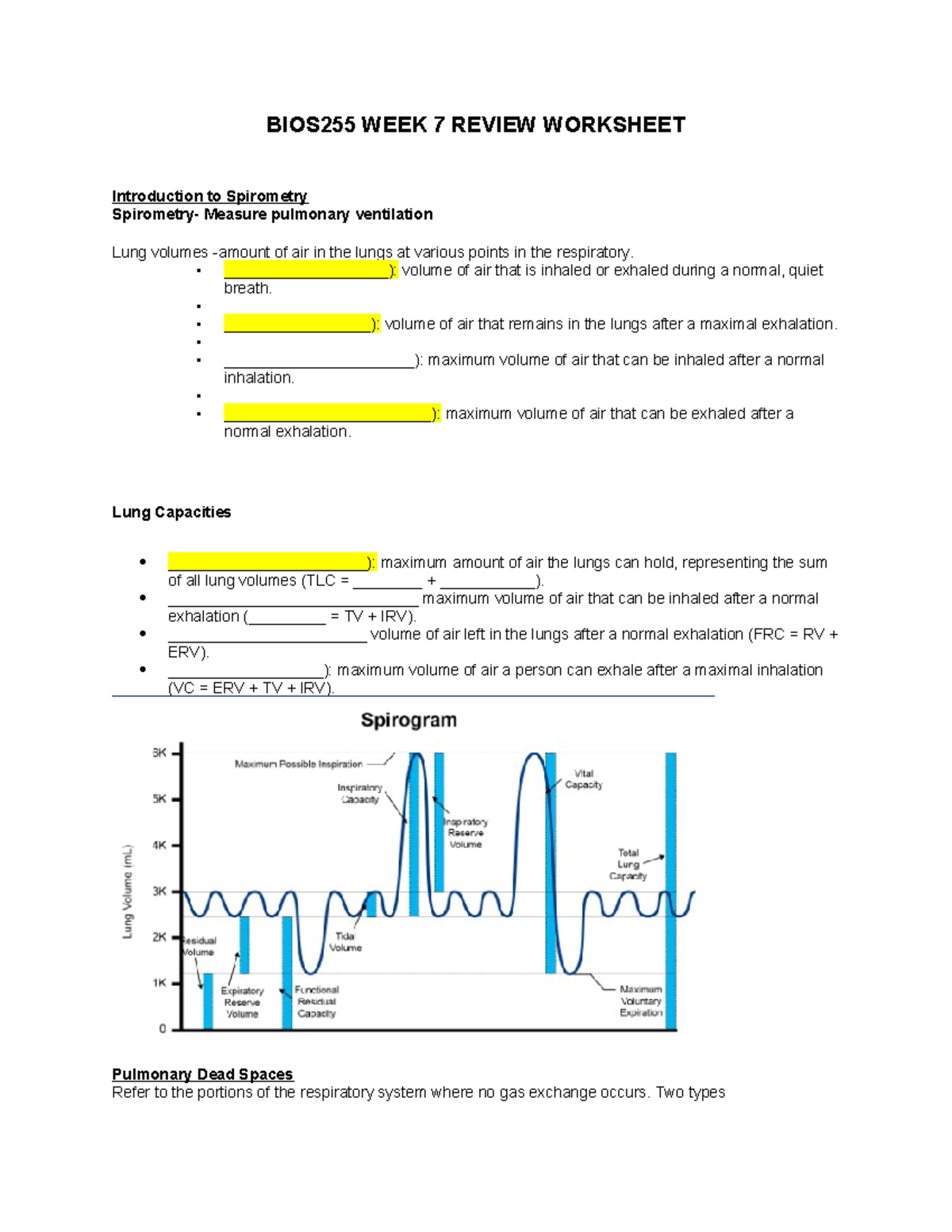 BIOS255 WEEK 7 REVIEW SHEET: Spirometry & Pulmonary Function - Studocu