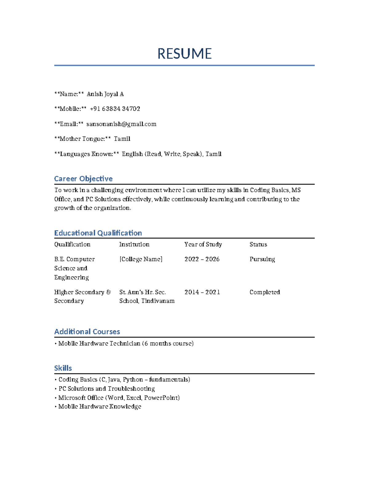 Resume of Anish Joyal A 63834 - Professional Overview - Studocu
