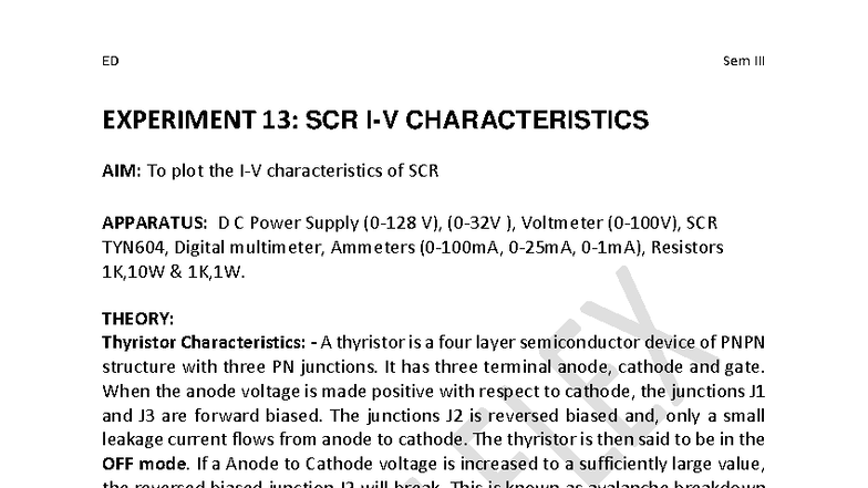 ED Sem Experiment 13: SCR Characteristics and Analysis - Studocu