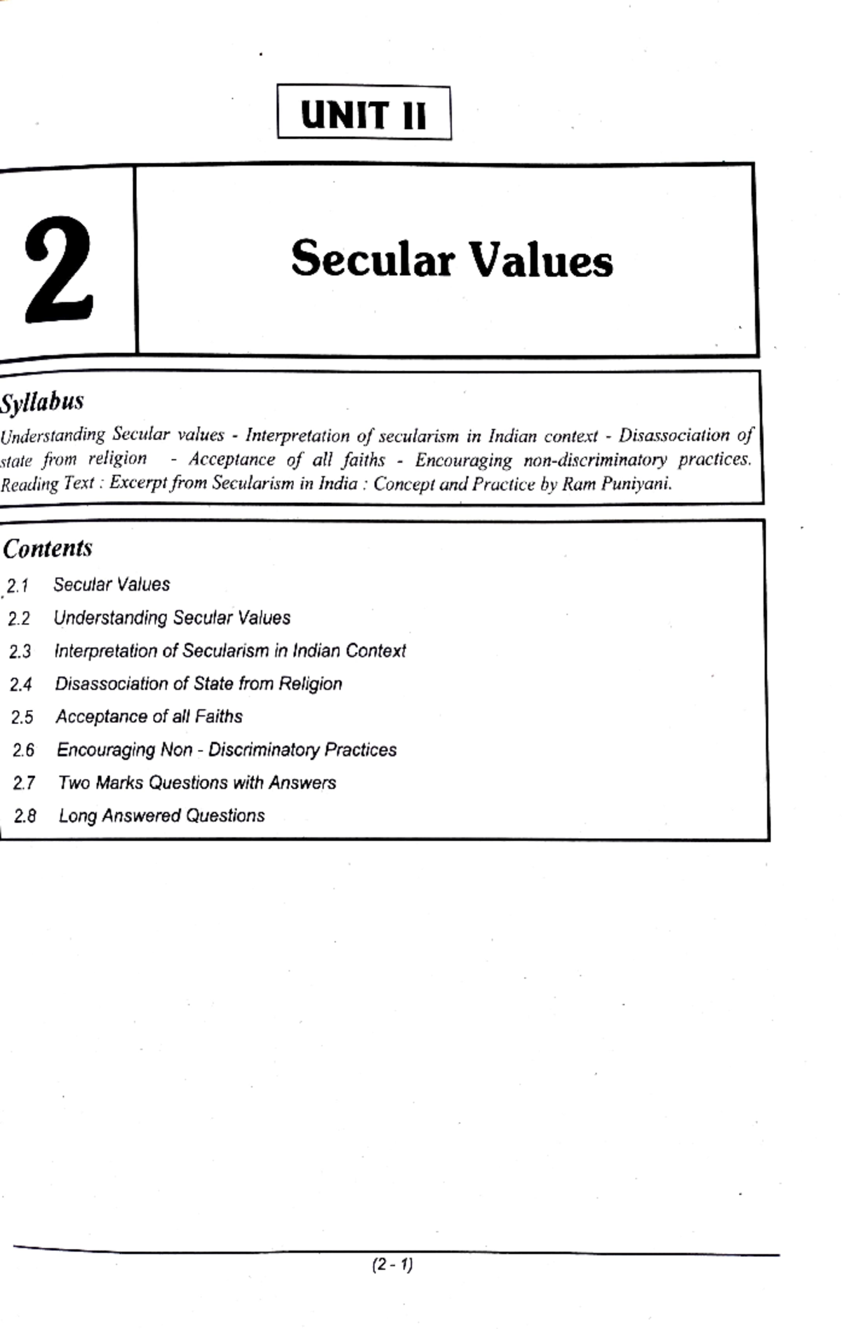 HVE unit-2 - HVE unit-2 - UNIT II 2 Secular Values Syllabus ...
