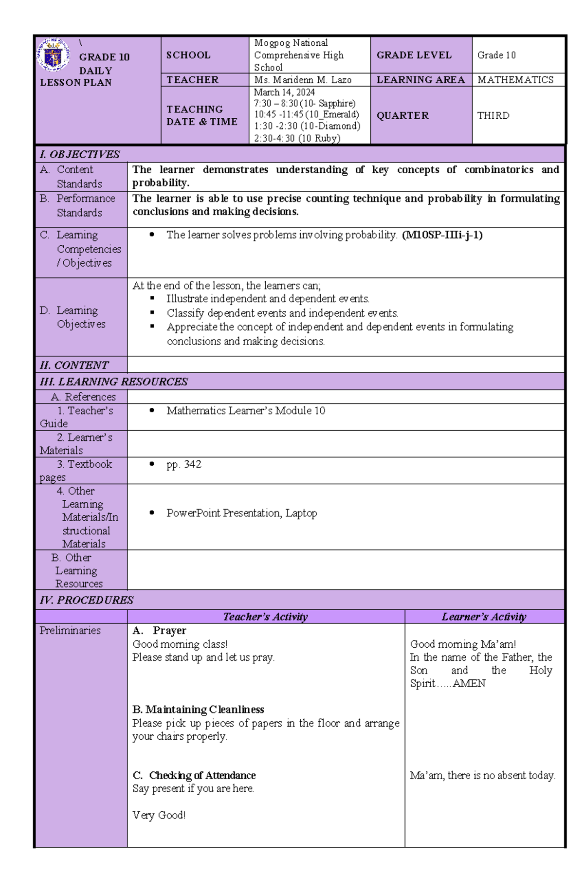 Grade 10 Math Lesson Plan: Understanding Dependent & Independent Events ...