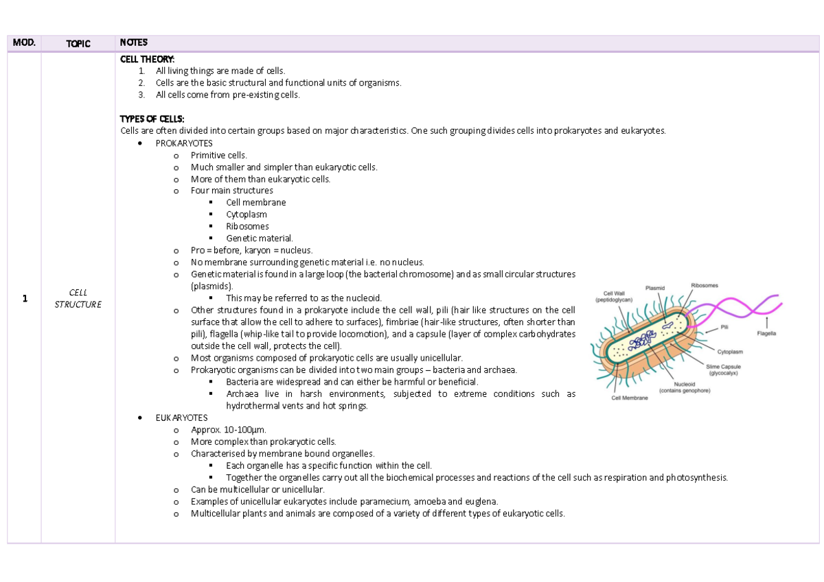 Biology Study Notes: Cell Theory, Structure, and Function (BIO101 ...