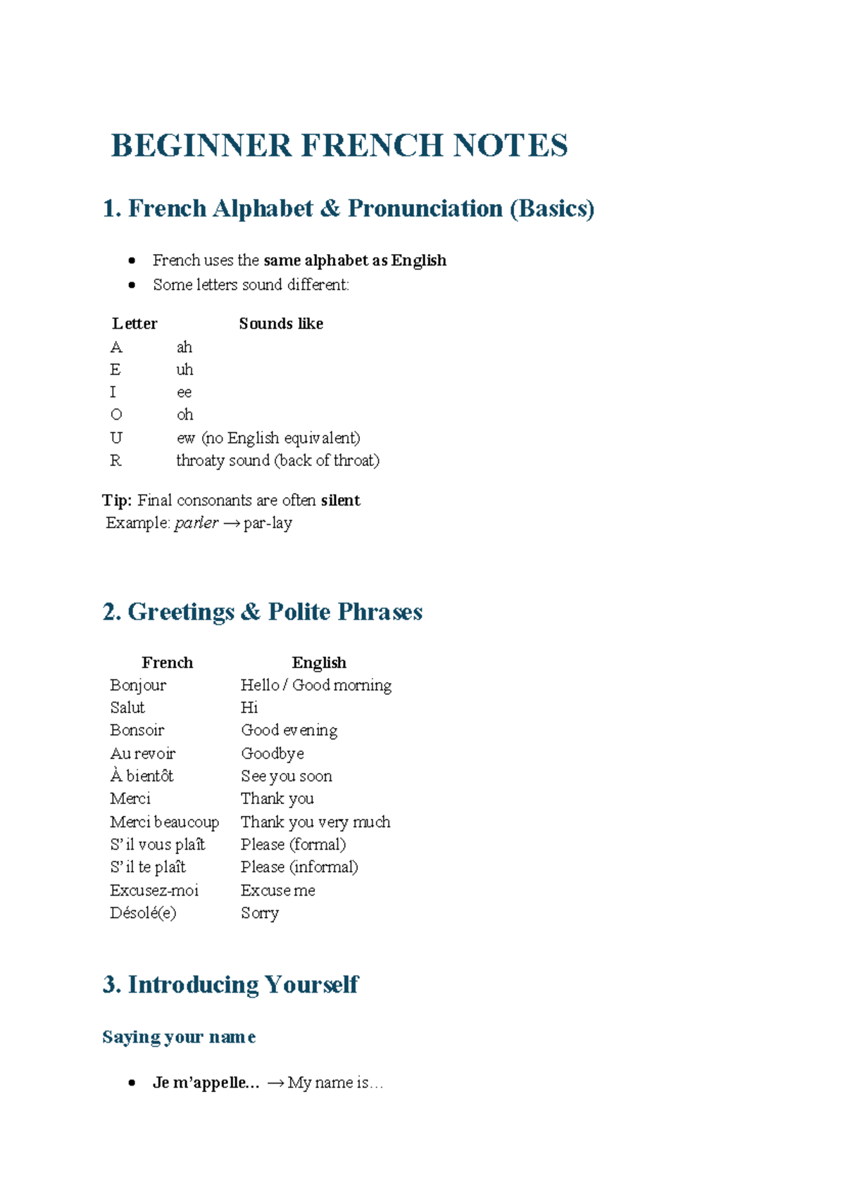 FREN 101: Beginner French Notes on Basics and Pronunciation - Studocu