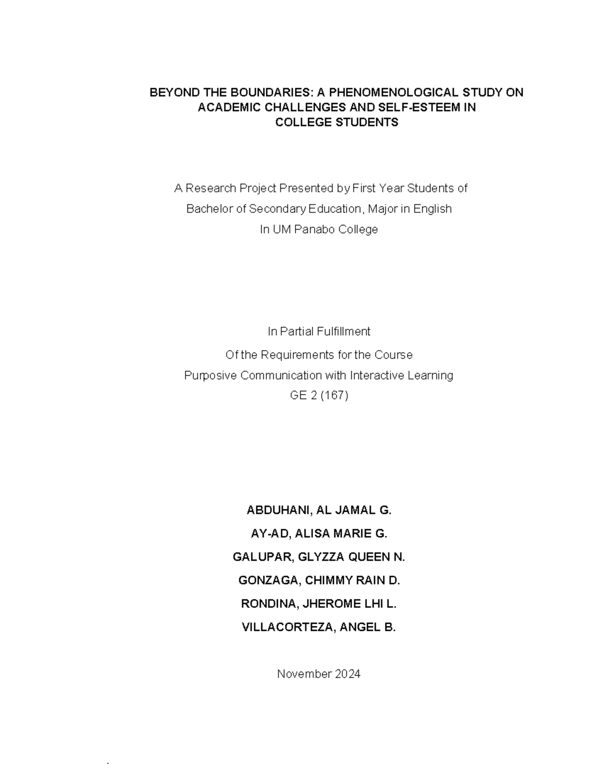 BE 2 (167) Final Research Project: Academic Challenges & Self-Esteem in ...