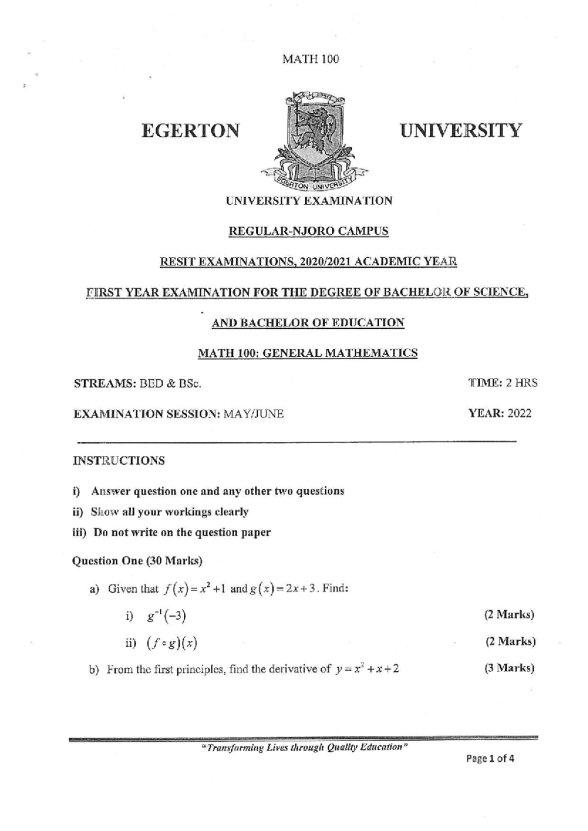 MATH 100 FINAL EXAM SAMPLE QUESTION PAPER - MAY & JUNE 2022 - Studocu