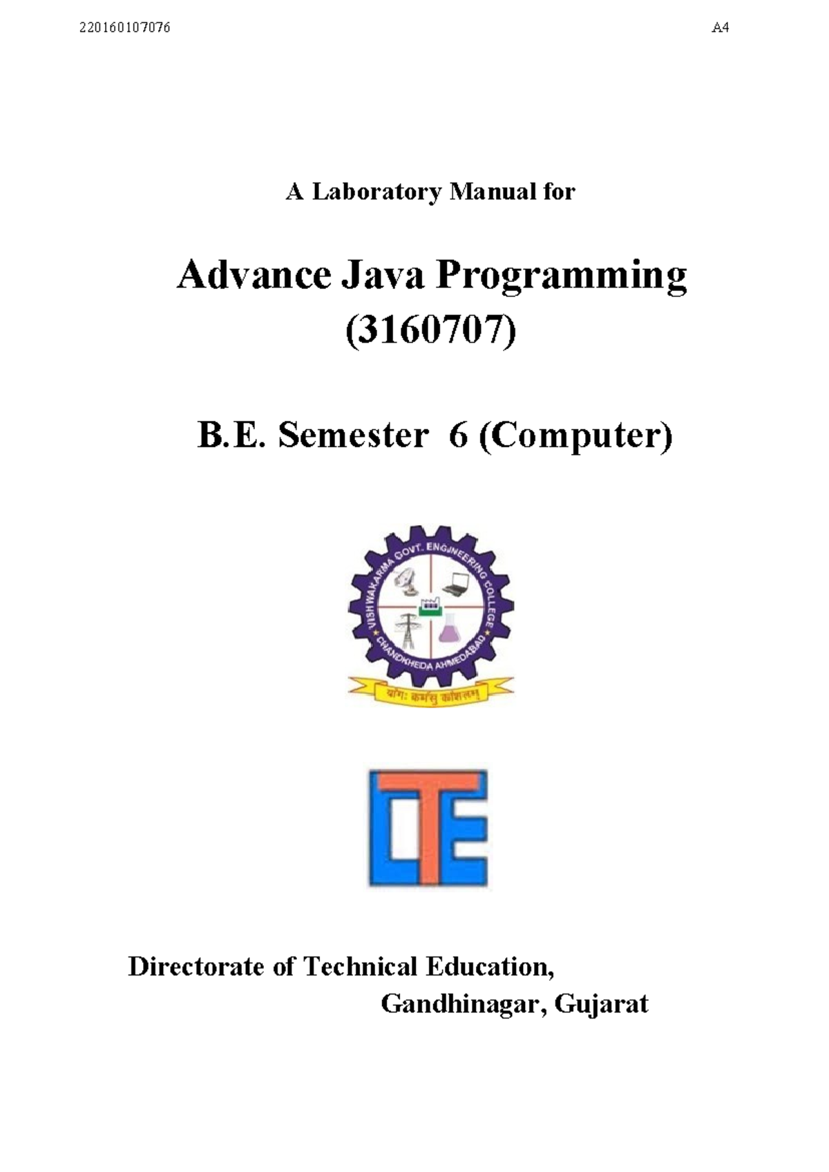 A4 Advance Java Programming Lab Manual (3160707) for B.E. Semester 6 ...