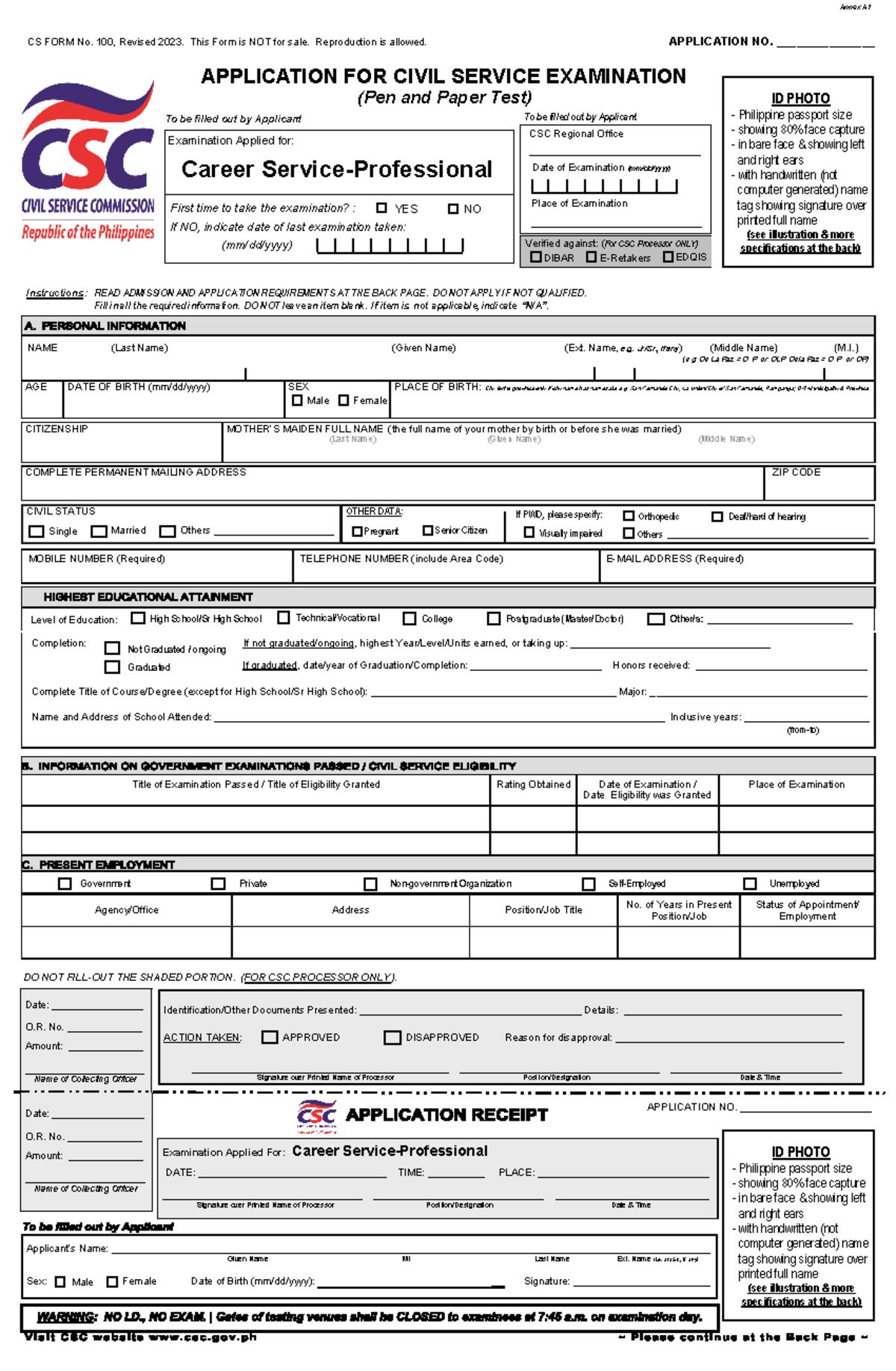 Annex A1 CS Form 100 Application for Civil Service Exam Revised 2023 ...