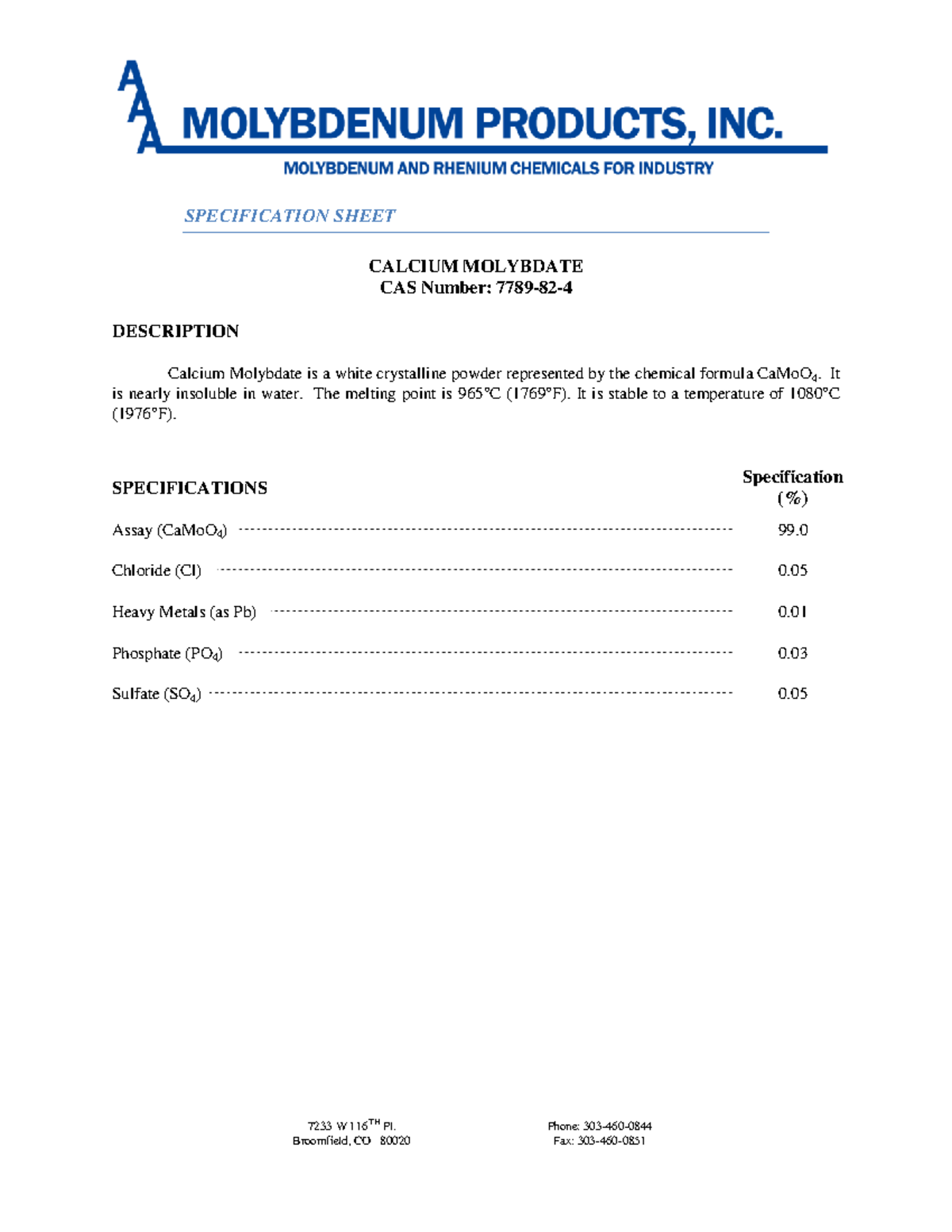 Calcium-Molybdate (Ca Mo) - SPECIFICATION SHEET CALCIUM MOLYBDATE CAS ...