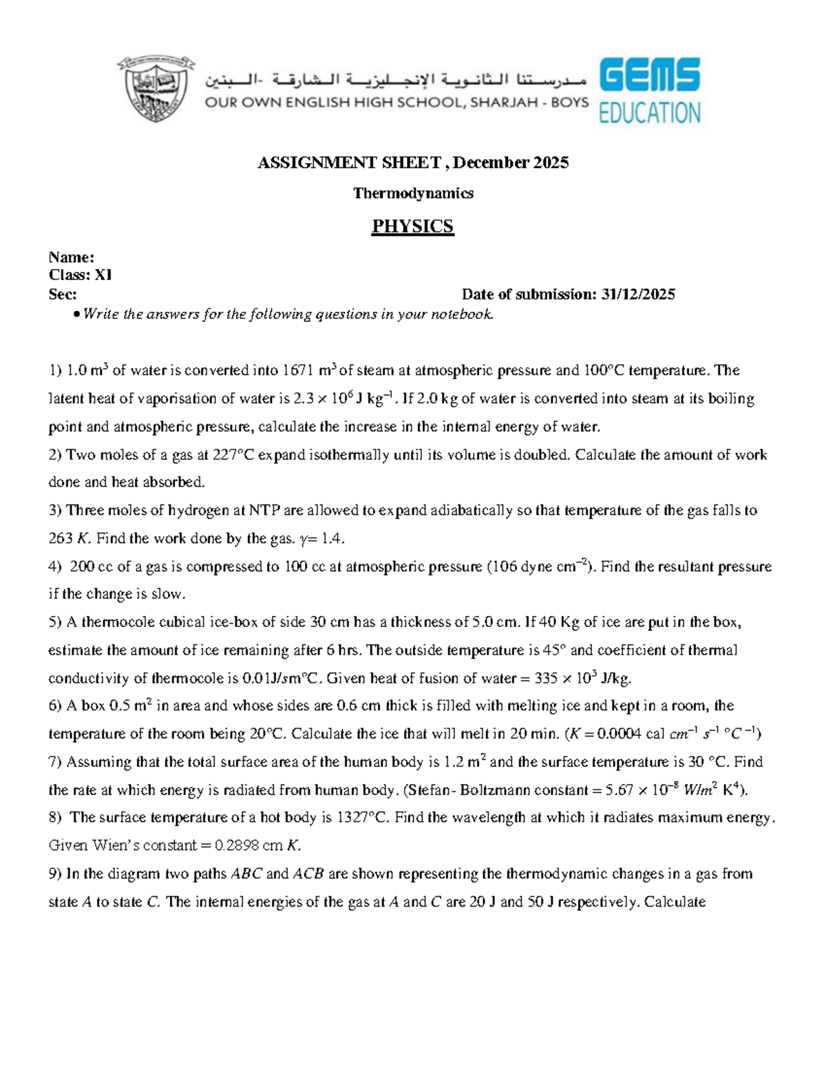 PHYSICS XI - Thermodynamics Assignment Sheet, Dec 2025 - Studocu