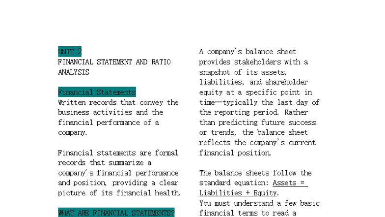 UNIT 2 FINANCIAL STATEMENTS & RATIO ANALYSIS: Key Concepts & Insights - Studocu