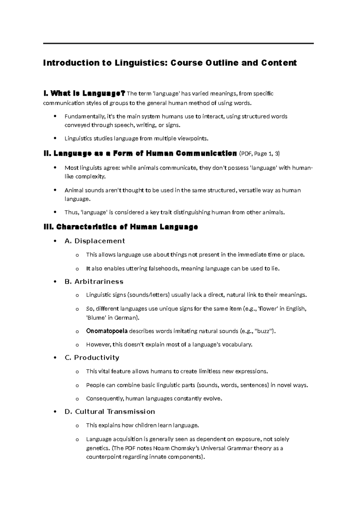 Introduction to Linguistics: Course Outline and Key Concepts - Studocu