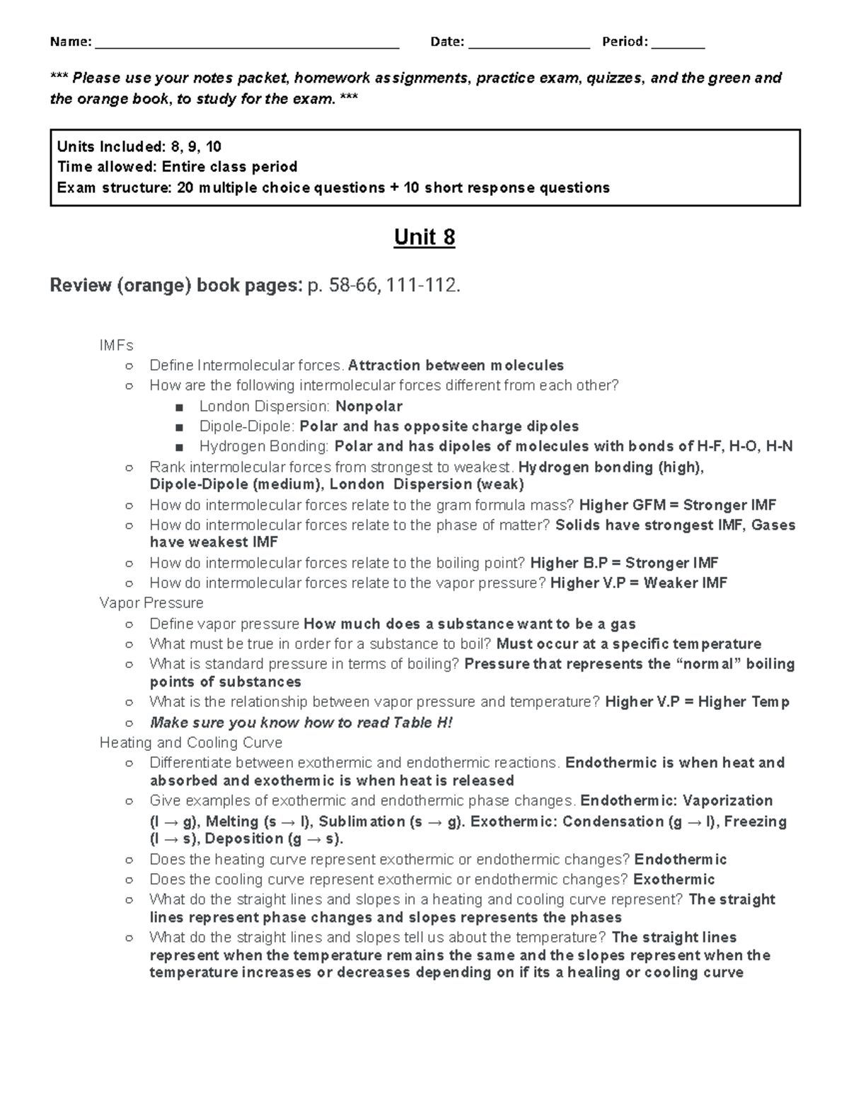 Exam 6 Study Guide - Units 8 (Phases of Matter), 9 (Gas Laws), 10 ...