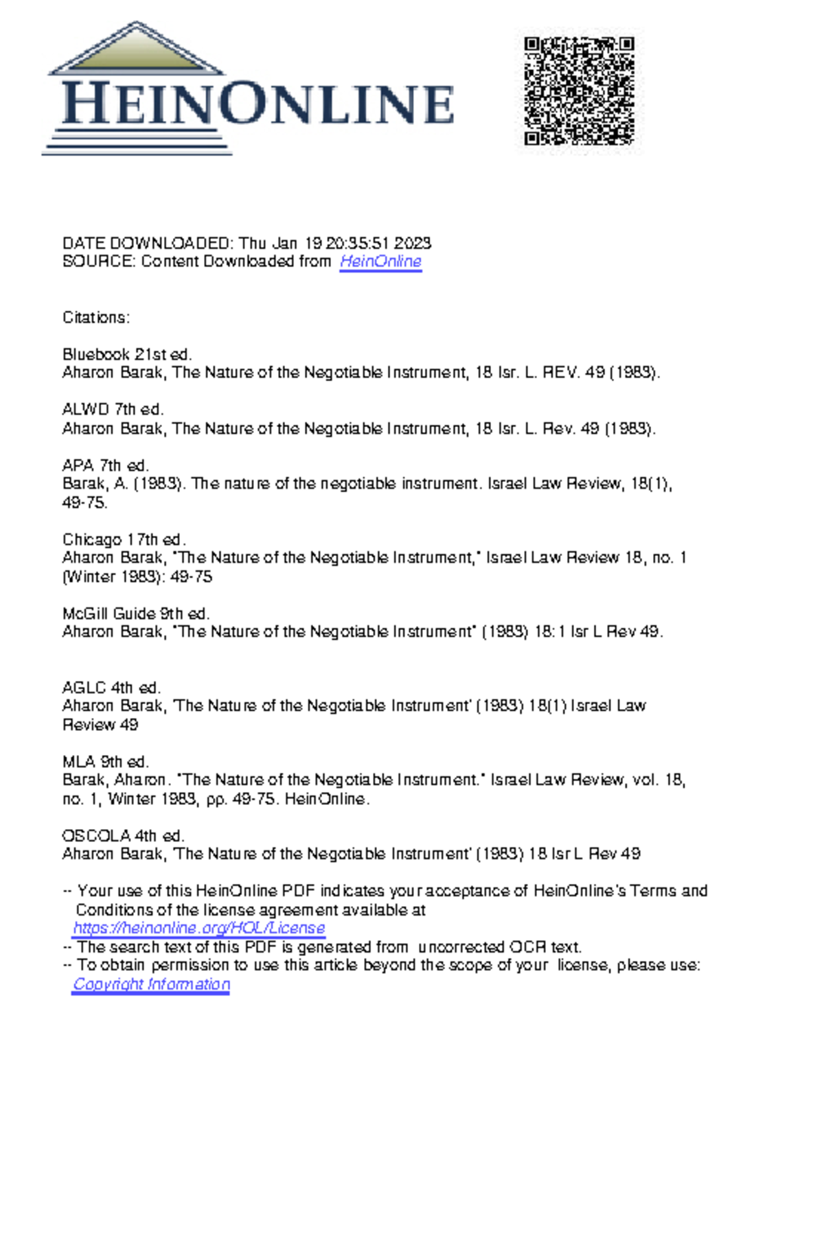 Negotiable Instruments: An Analysis of Barak's Insights (LAW 18) - Studocu