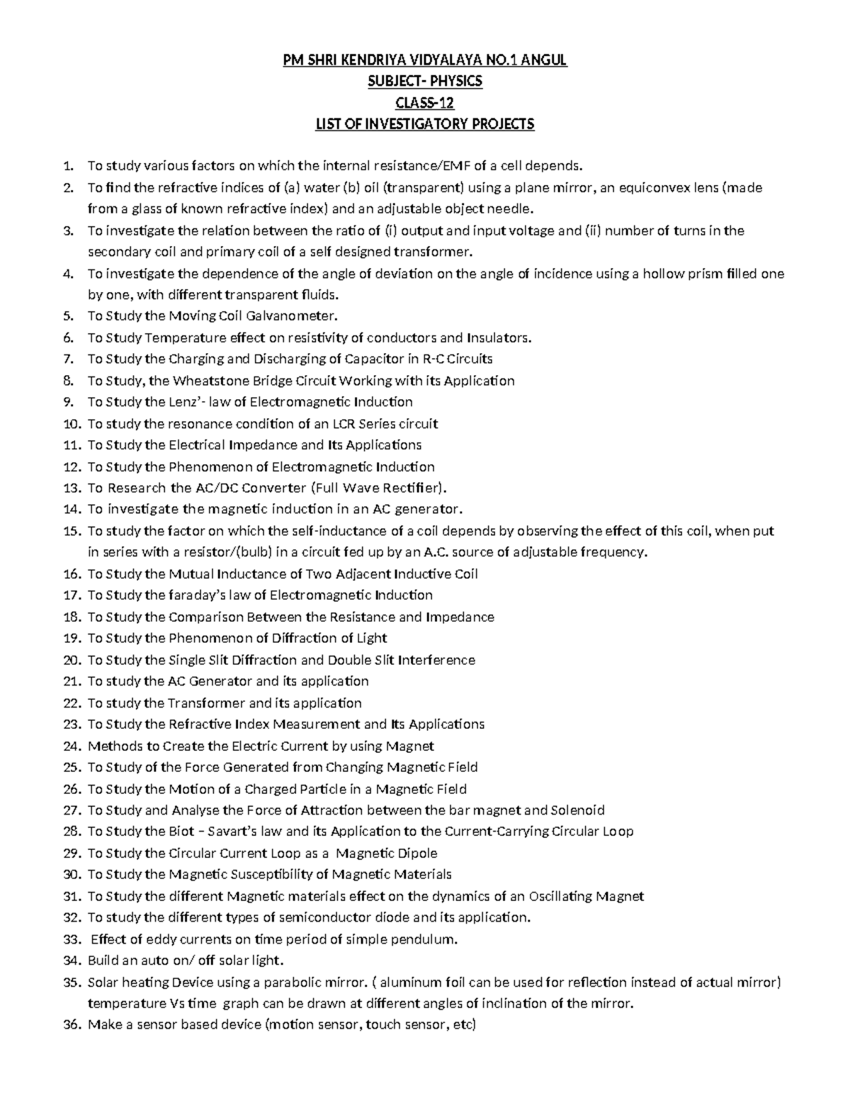 12-PHY Investigatory Project Ideas for Physics Class - Studocu