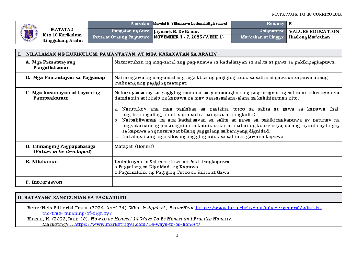 DLL Matatag VE 8 Q3 W1: Kadalisayan sa Salita at Gawa - Studocu