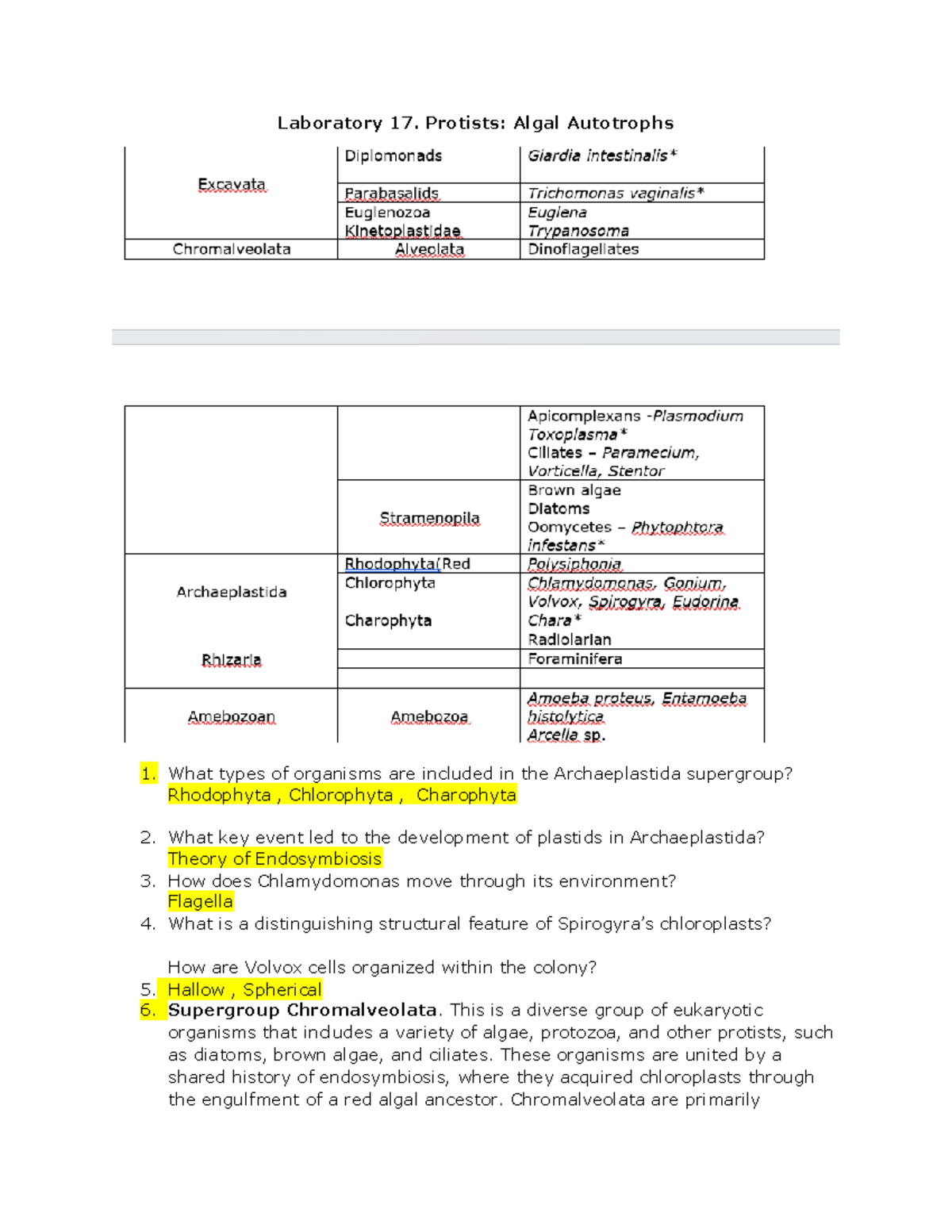 Laboratory 18: Exploring Protists and Their Ecological Roles - Studocu
