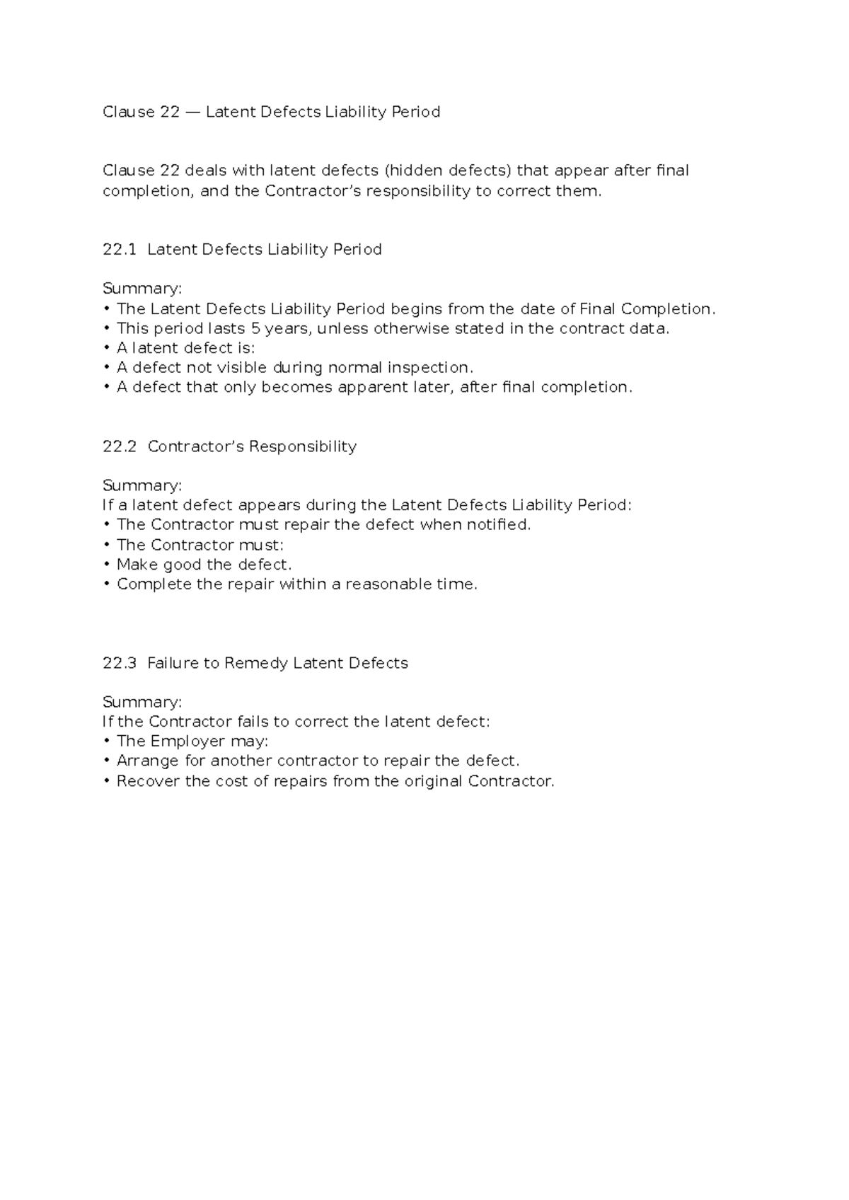 JBCC Clause 22 Summary: Latent Defects Liability Period - Studocu