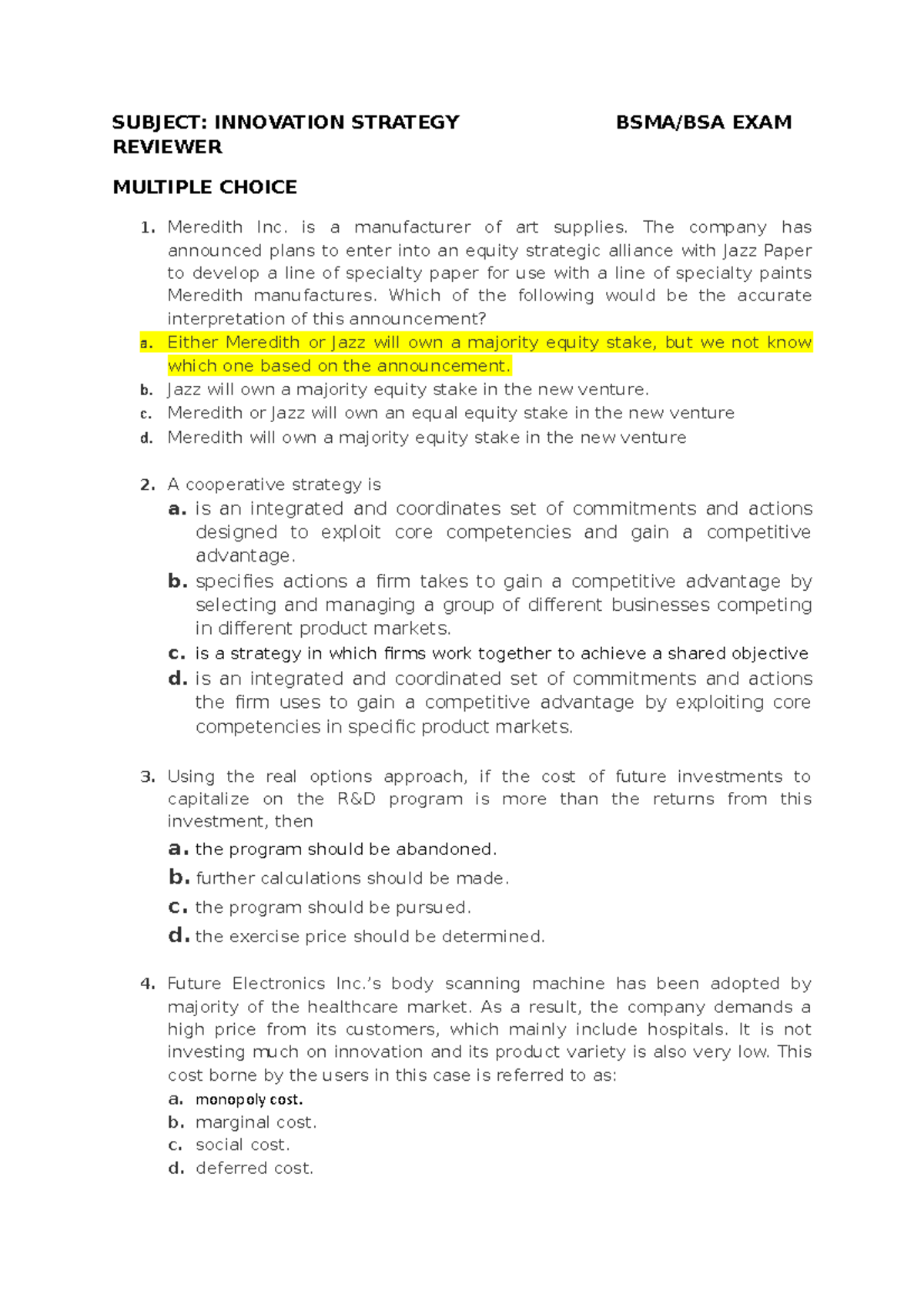 BSMA/BSA Innovation Strategy - Exam Review & Key Concepts - Studocu