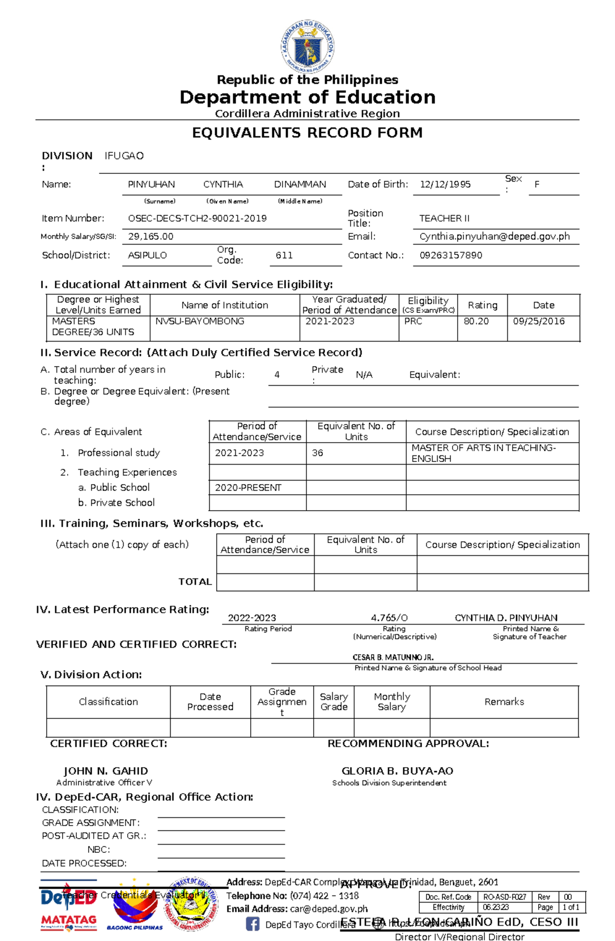 ERF Form for Teacher II Promotion Application - DepEd-CAR Document ...