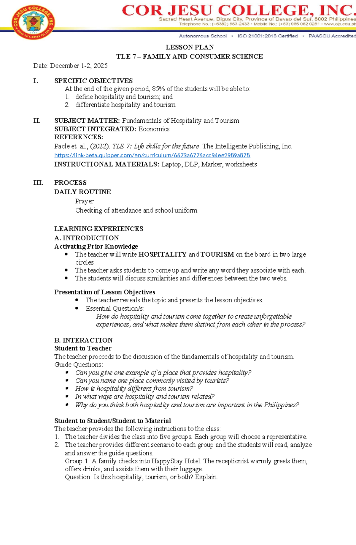 LESSON PLAN TLE 7: HOSPITALITY & TOURISM Fundamentals - Studocu