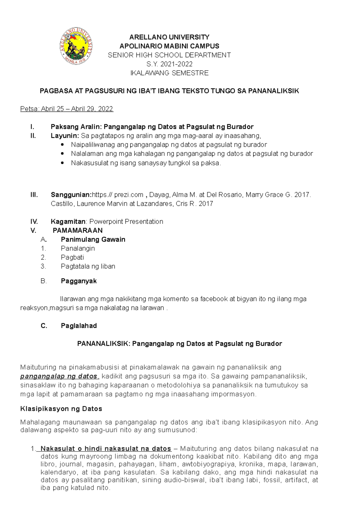 DLP WEEK 15 Abril 25 Abril 29 Pagbasa AT Pagsusuri - ARELLANO ...