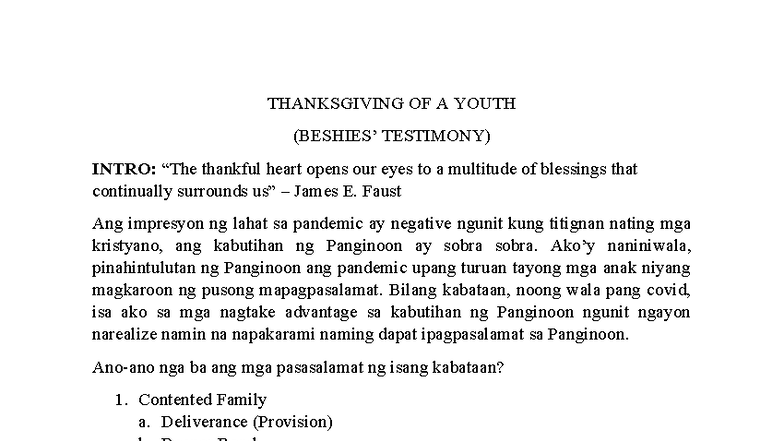 Thanksgiving Testimony of a Youth: A Heart Full of Gratitude - Studocu