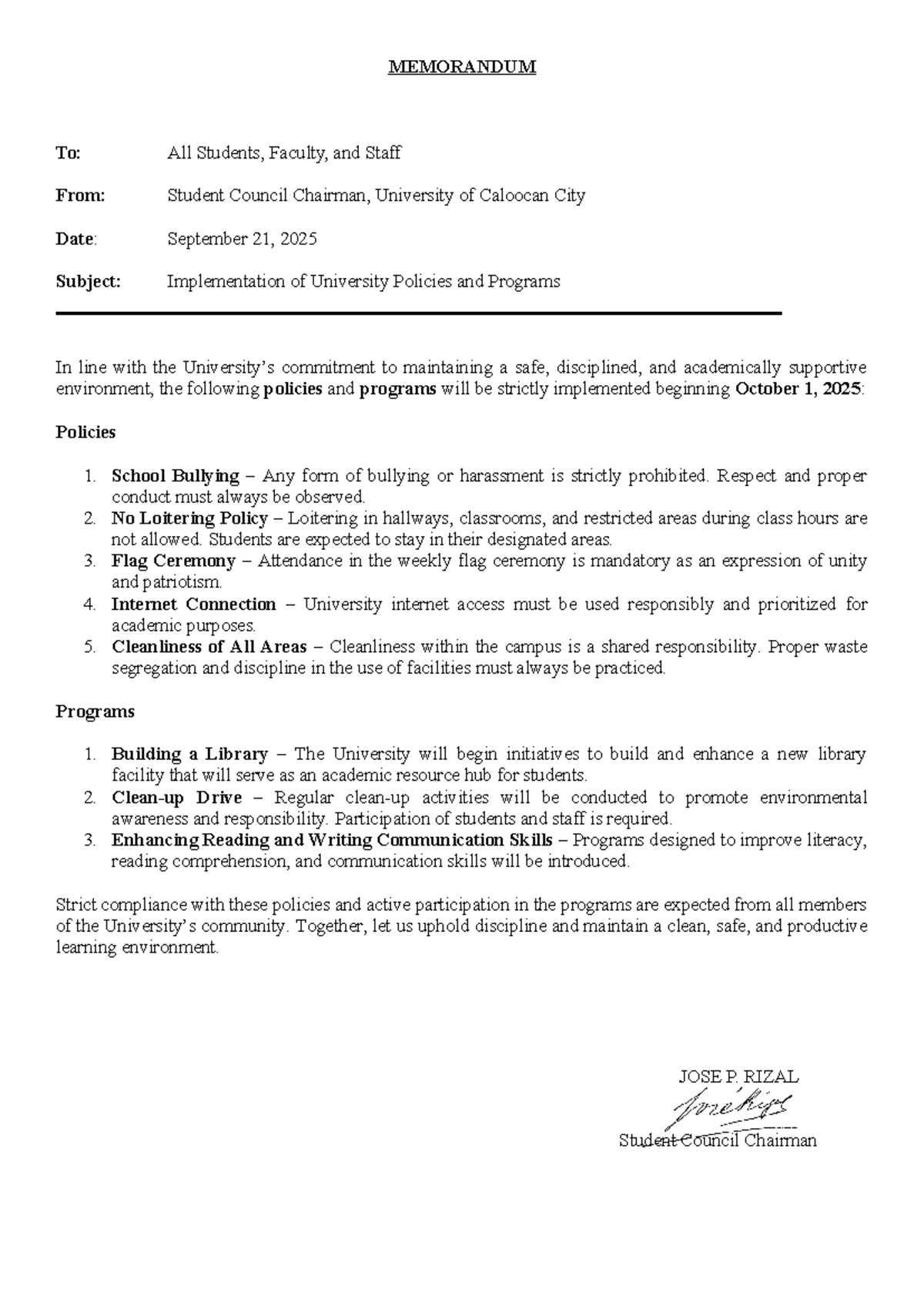 MEMO: Implementation of University Policies & Programs - UCC - Studocu