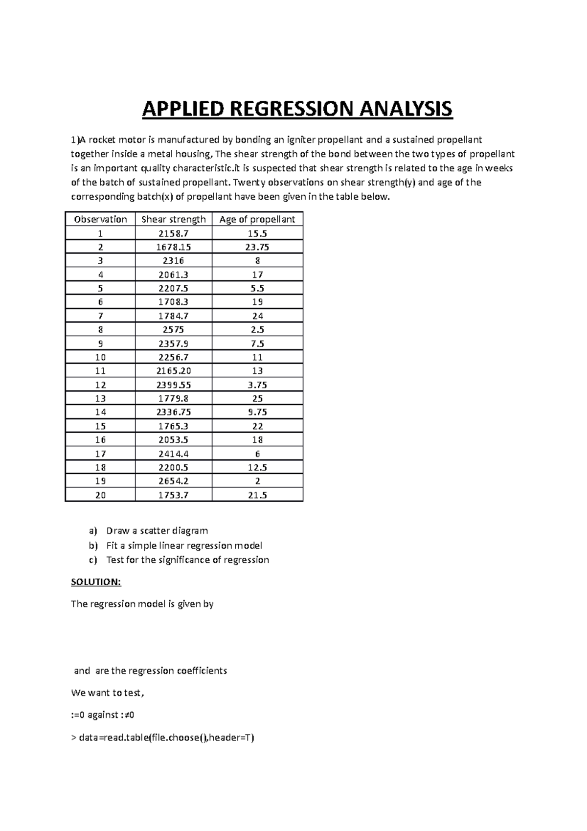 Applied Regression Analysis: Shear Strength & Age of Propellant - Studocu
