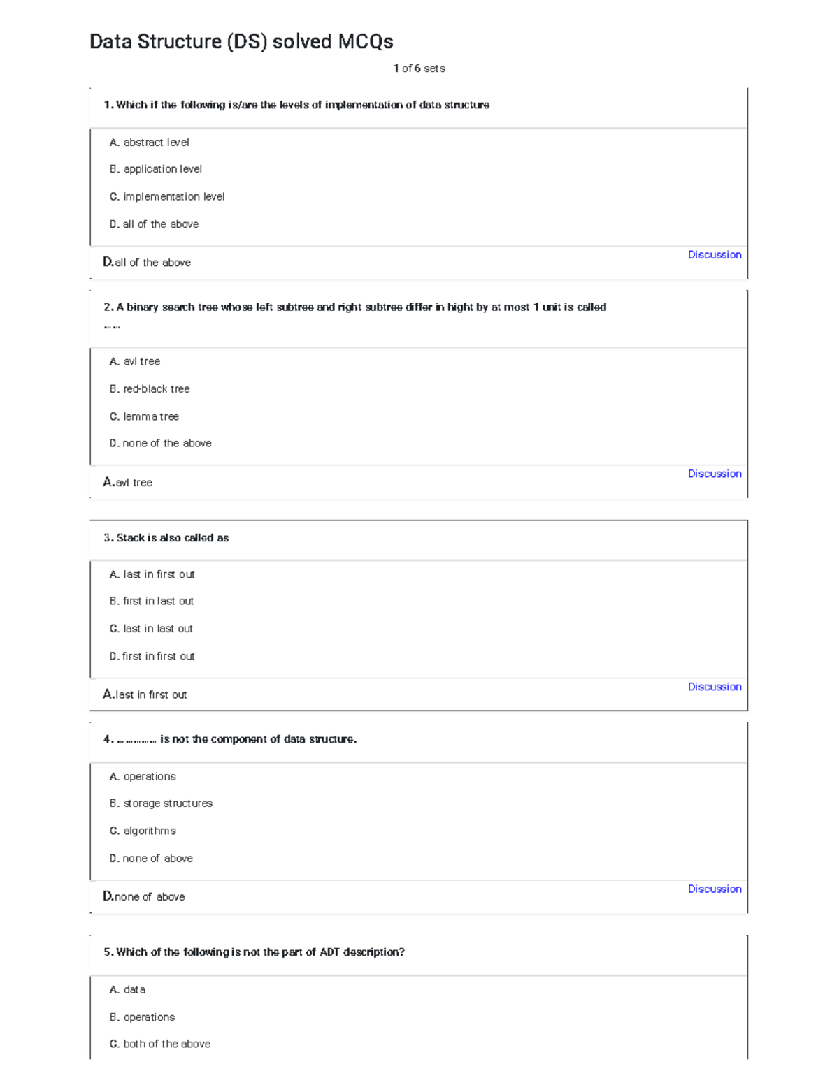 Data Structure (DS) Solved MCQs Set 1 - PDF Download - Studocu