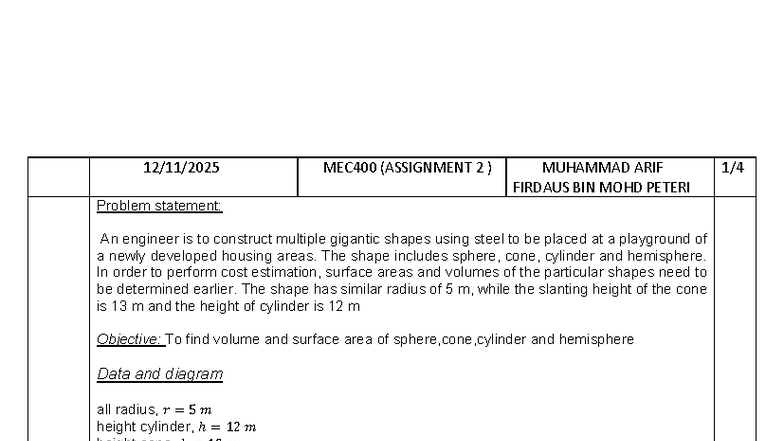 MEC400 (ASSIGNMENT 2) Volume & Surface Area Calculations for Shapes - Studocu
