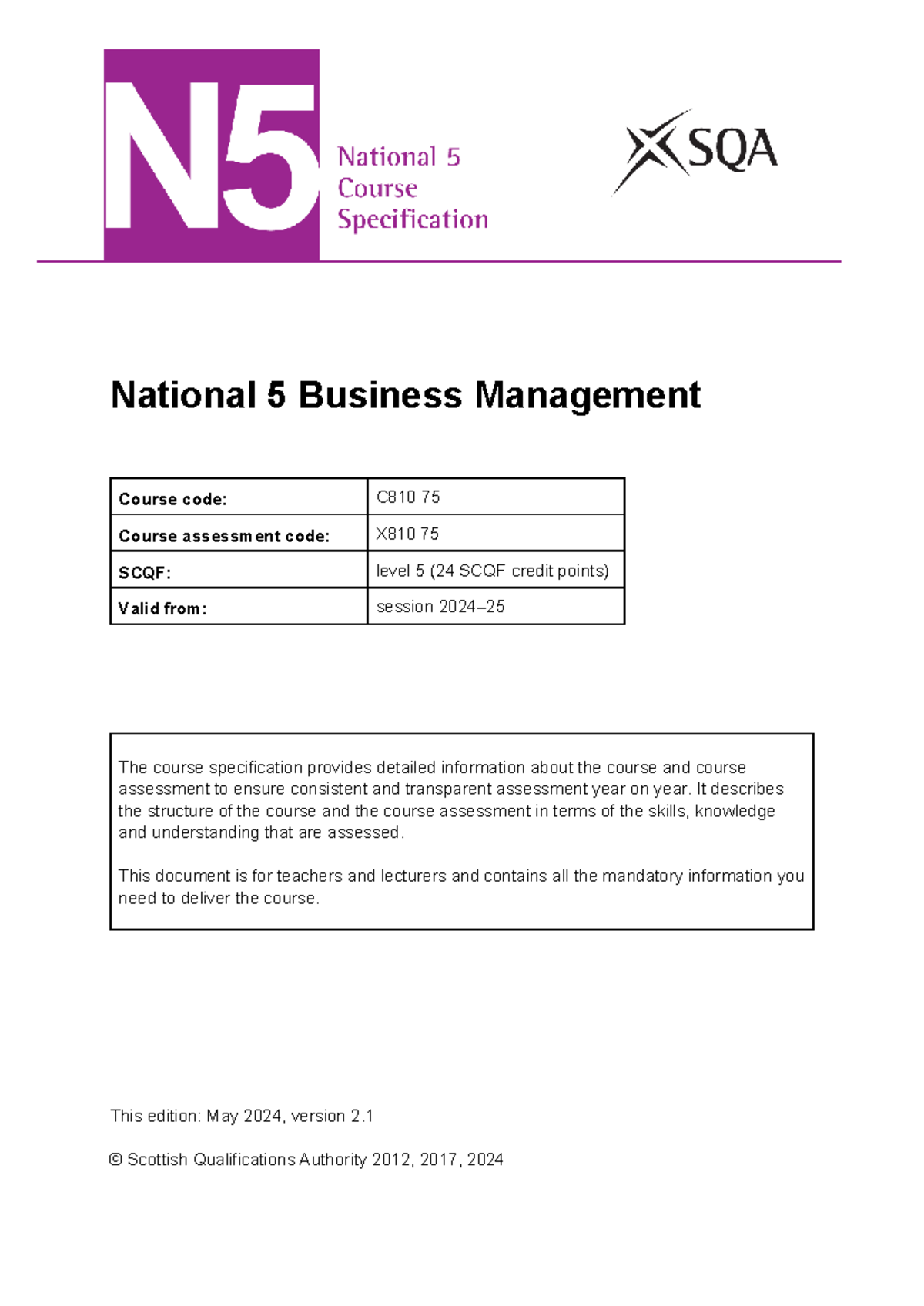 National 5 Business Management Course Specification (C810 75) - Studocu