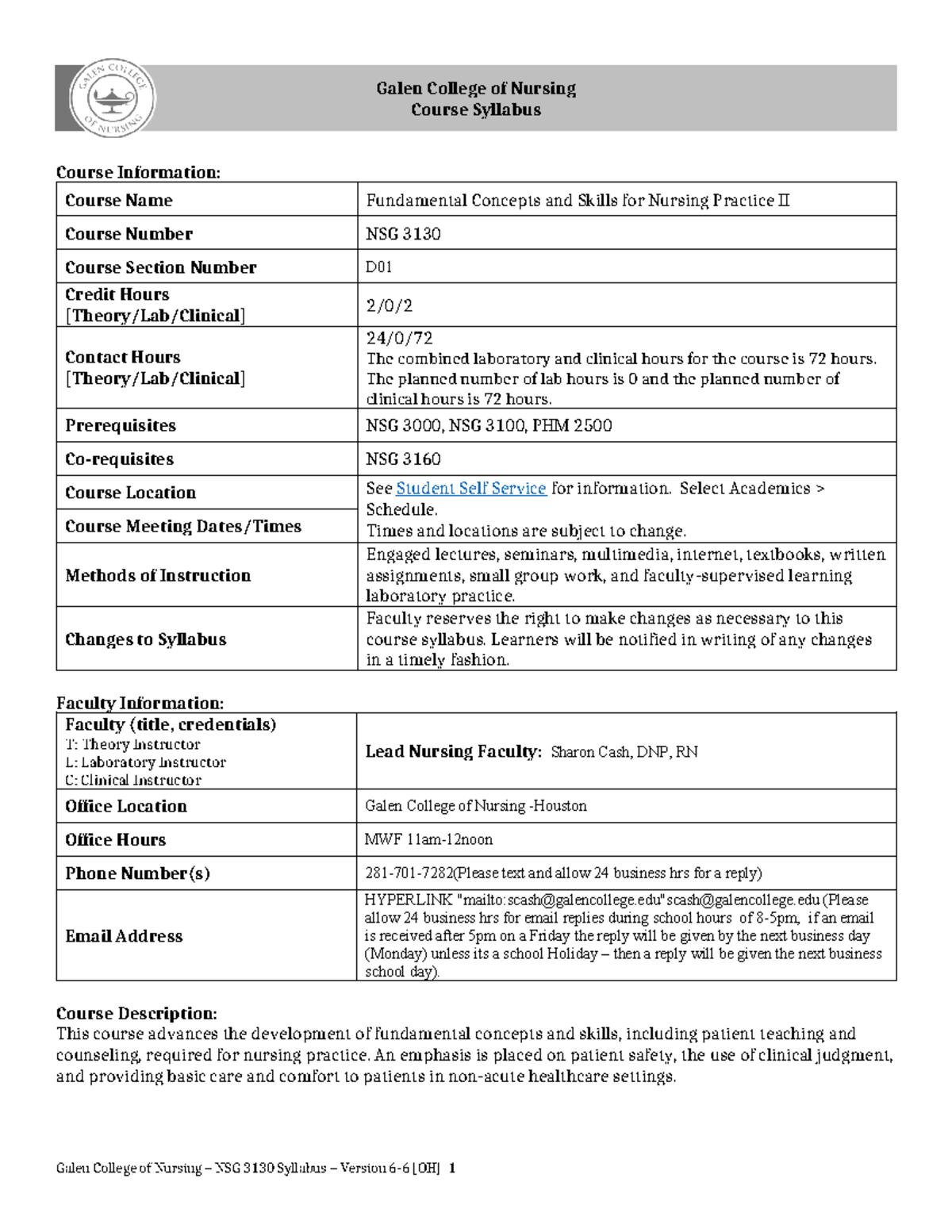 NSG 3130 Fundamentals of Nursing II Course Syllabus Overview - Studocu