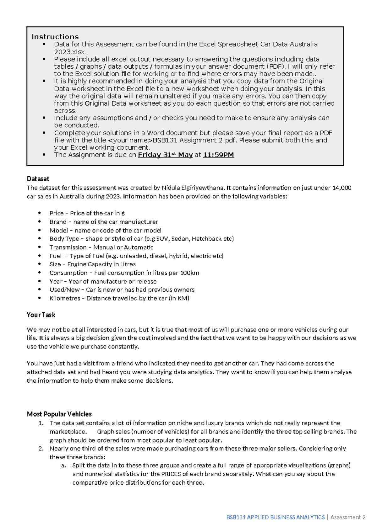 BSB131 Assignment 2 - Analyzing 2023 Car Sales Data in Australia - Studocu
