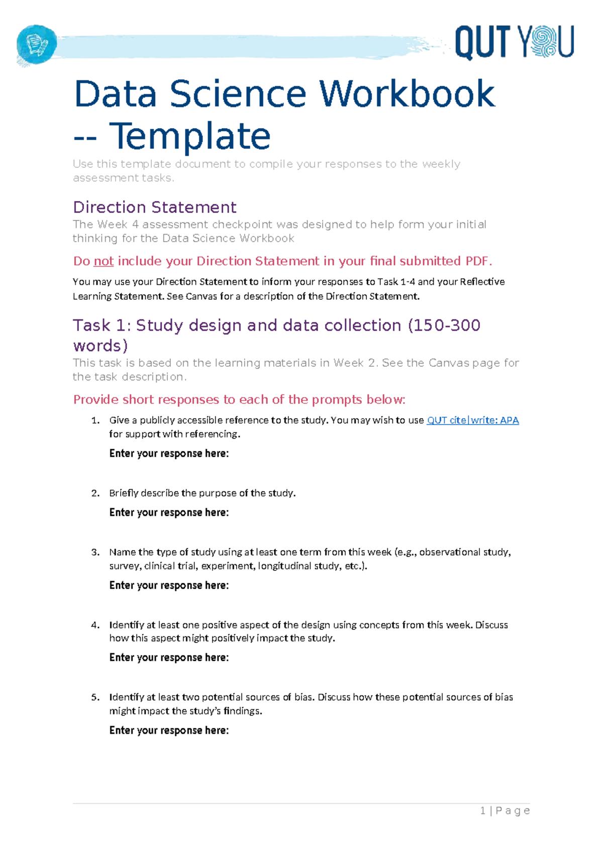 QUT009 Data Science Workbook Template for Weekly Assessments - Studocu