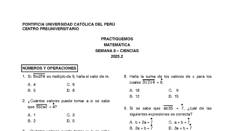 Practiquemos Matemática Semana 8 2025.2: Números y Operaciones - Studocu