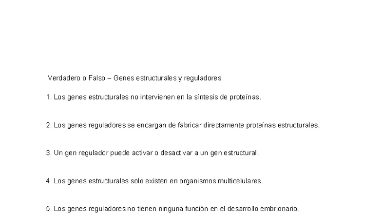 V y F sobre Genes Estructurales y Reguladores - Biología 101 - Studocu