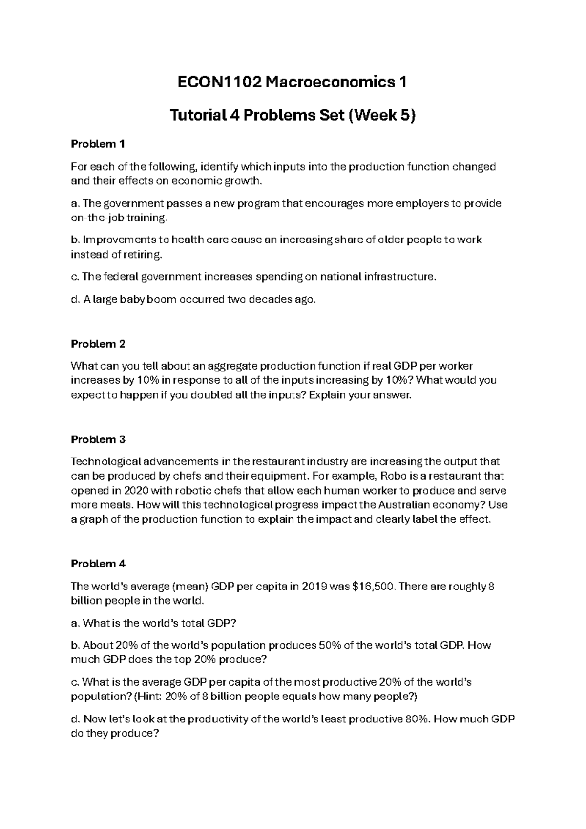 ECON1102 Macroeconomics 1 Tutorial 4 Week 5 problem set analysis - Studocu
