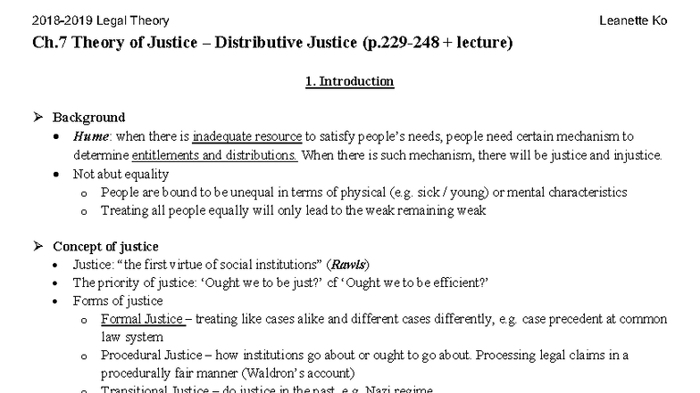 Legal Theory Leanette Ko Ch.7 Distributive Justice Lecture Notes - Studocu
